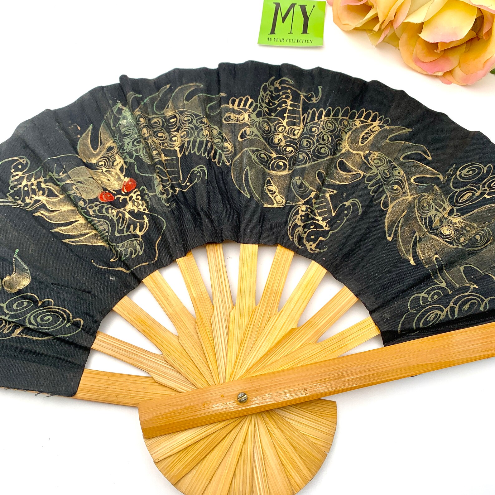 Vintage Chinese Dragon Fan Bamboo Fan Handpainted Dragon Black | Etsy