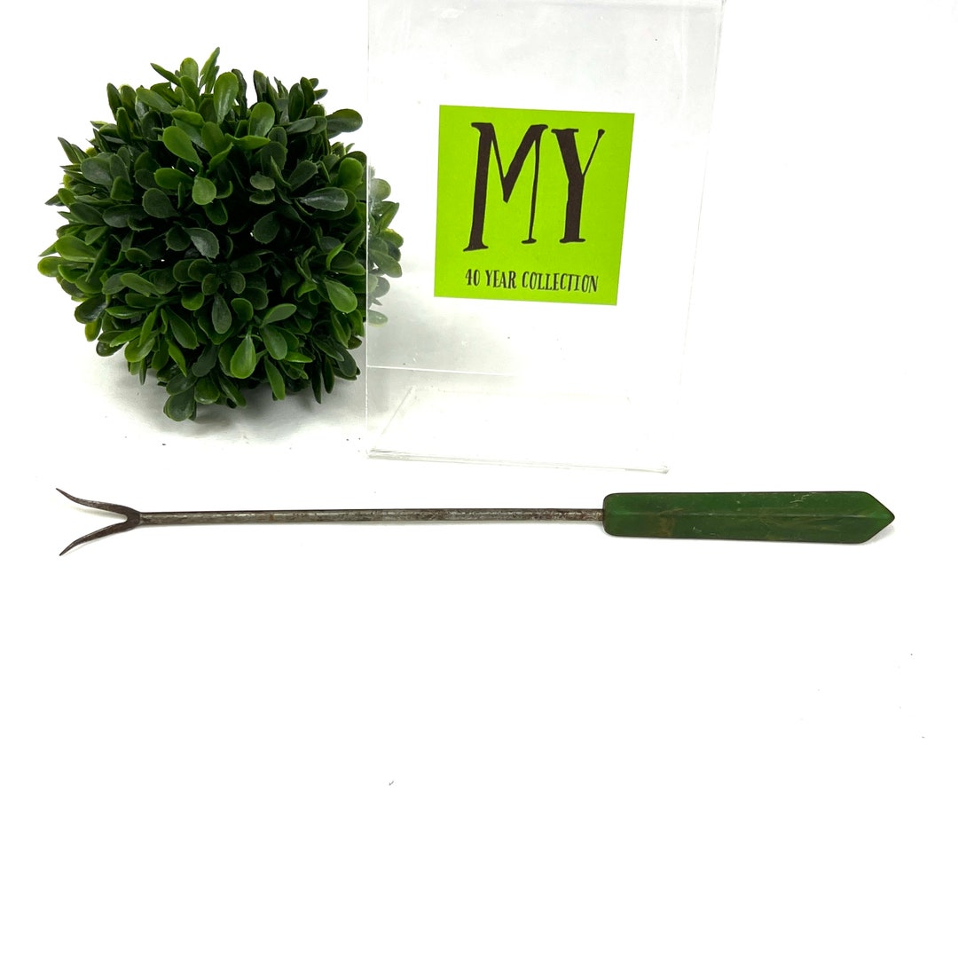 Vintage Brass Two Prong Fork Tool: Green Handle Hand Weeder - Etsy