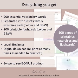 Korean Language Learning Kit - Printable Worksheets & Flashcards, 200 ...