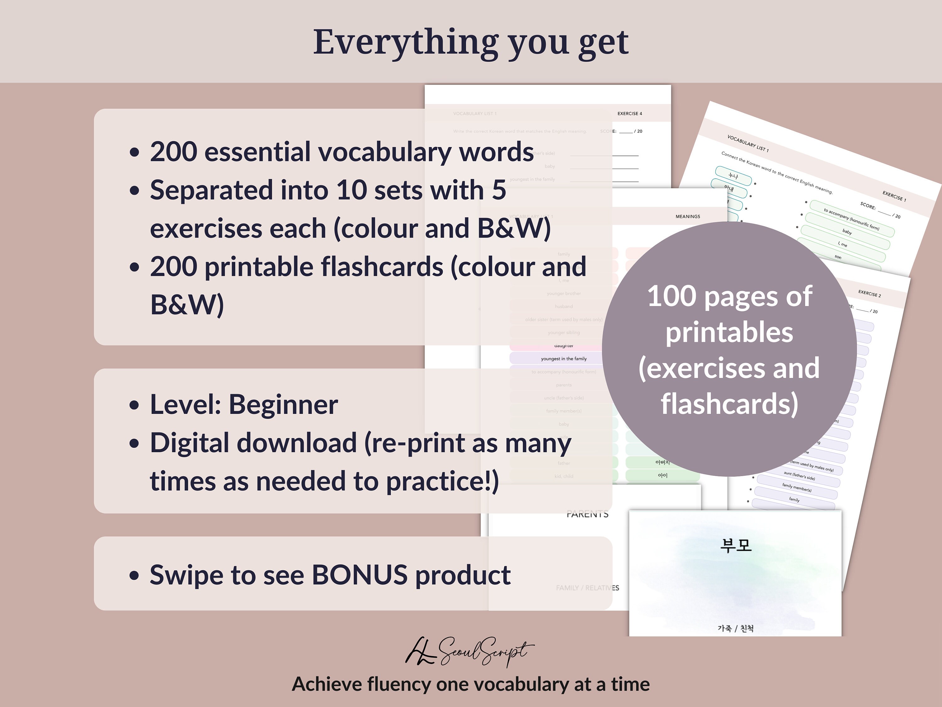 Korean Study Pack - Printable Vocabulary Exercises & Flashcards, 200 ...