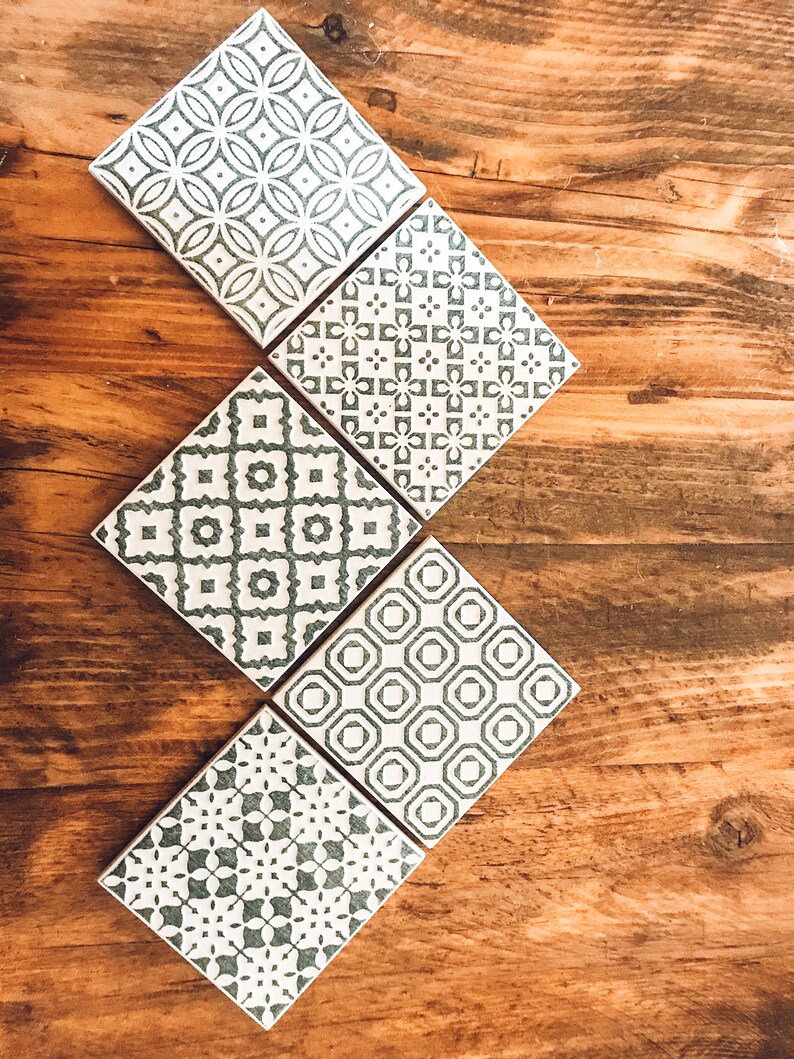 Sage Green Multi Pattern Ceramic Coaster Set of Five | Etsy