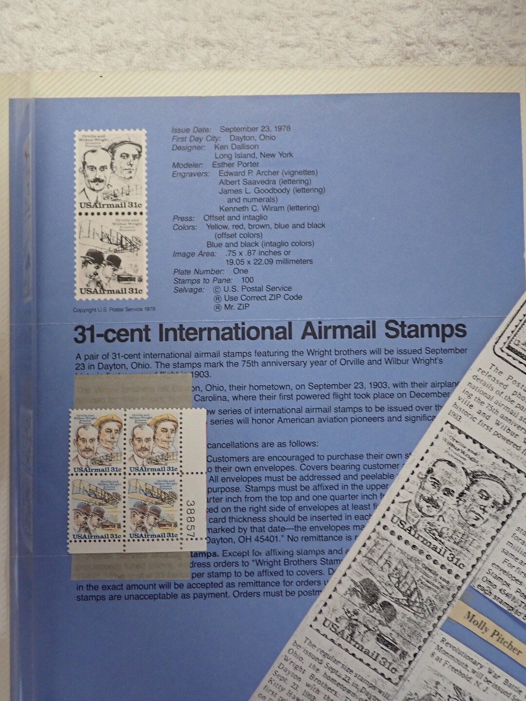 1978 US Postage Stamps on USPS Poster Page 31c Airmail Corner Plate ...