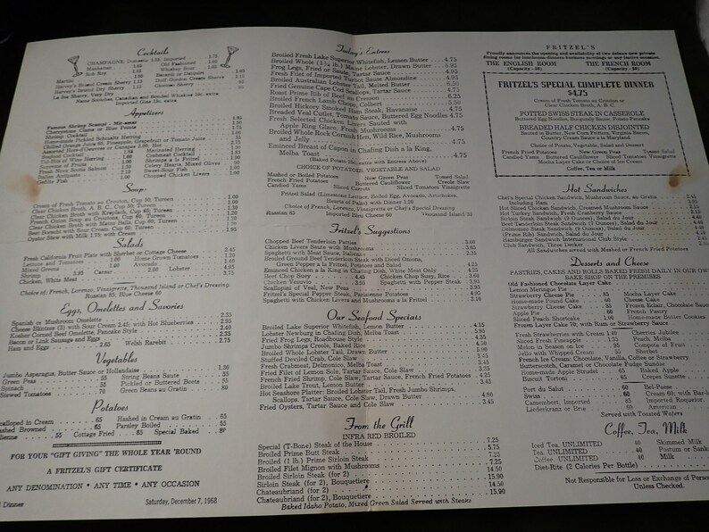 Vintage Dinner Menu Dated Dec. 7 1968 Fritzel's Chicago - Etsy