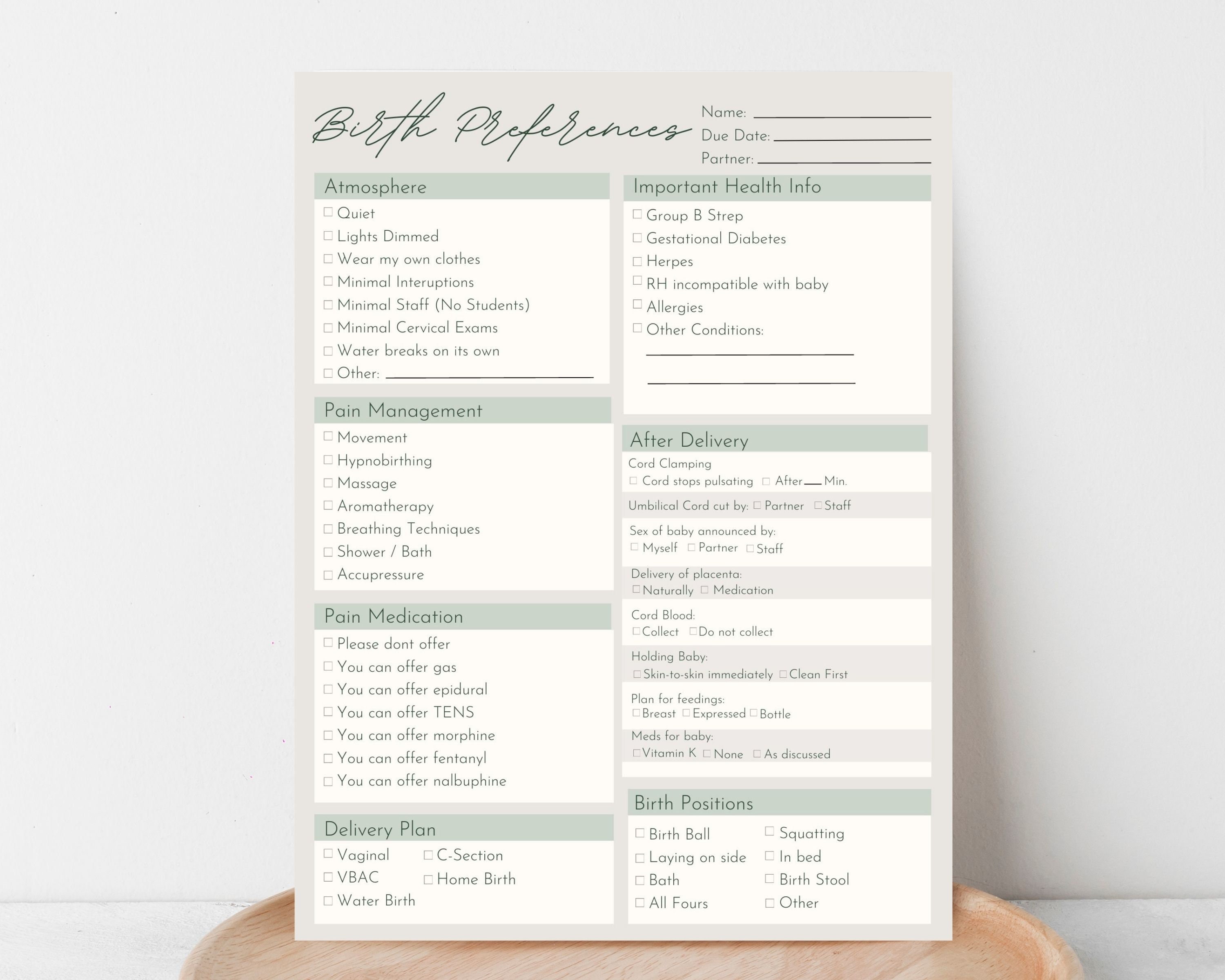 Printable Birth Preferences Template | Mother in Labor | Birth Plan ...