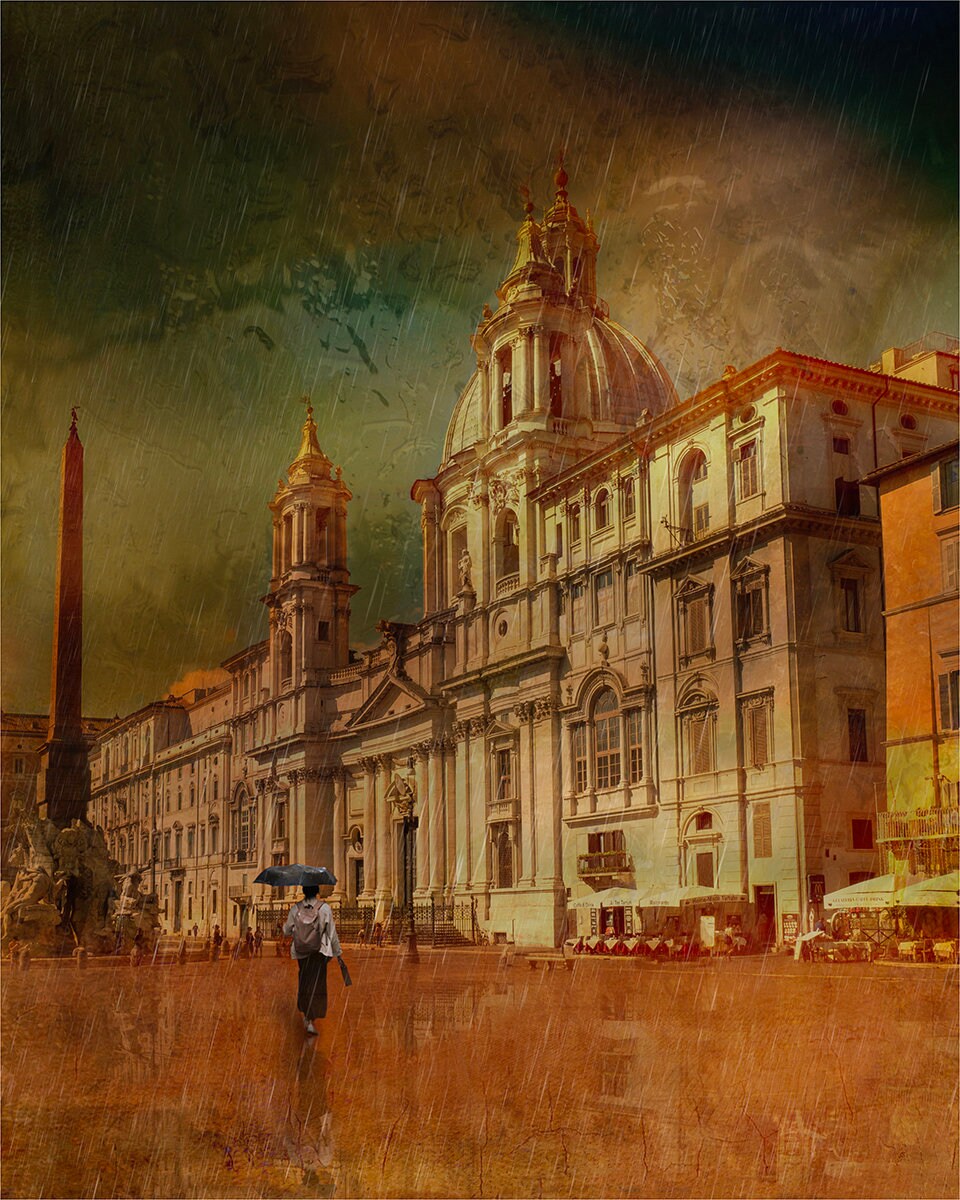 Piazza Navona/rome/ Rain/ Italy/ Bronze/wall Art/ Digital Art/ Urban ...