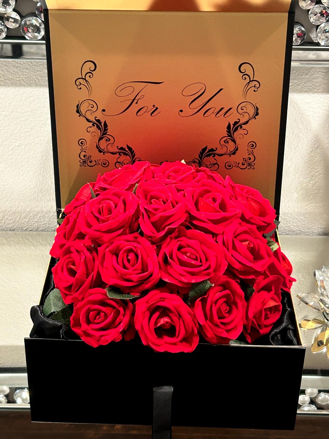 Red Velvet Rose Bouquet in A Elegant Black Box, Red Faux Roses Bouquet ...