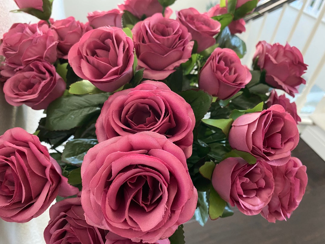 Mauve Pink Rose Bush, Artificial Maroon Rose Bush, Dark Pink Faux Roses ...