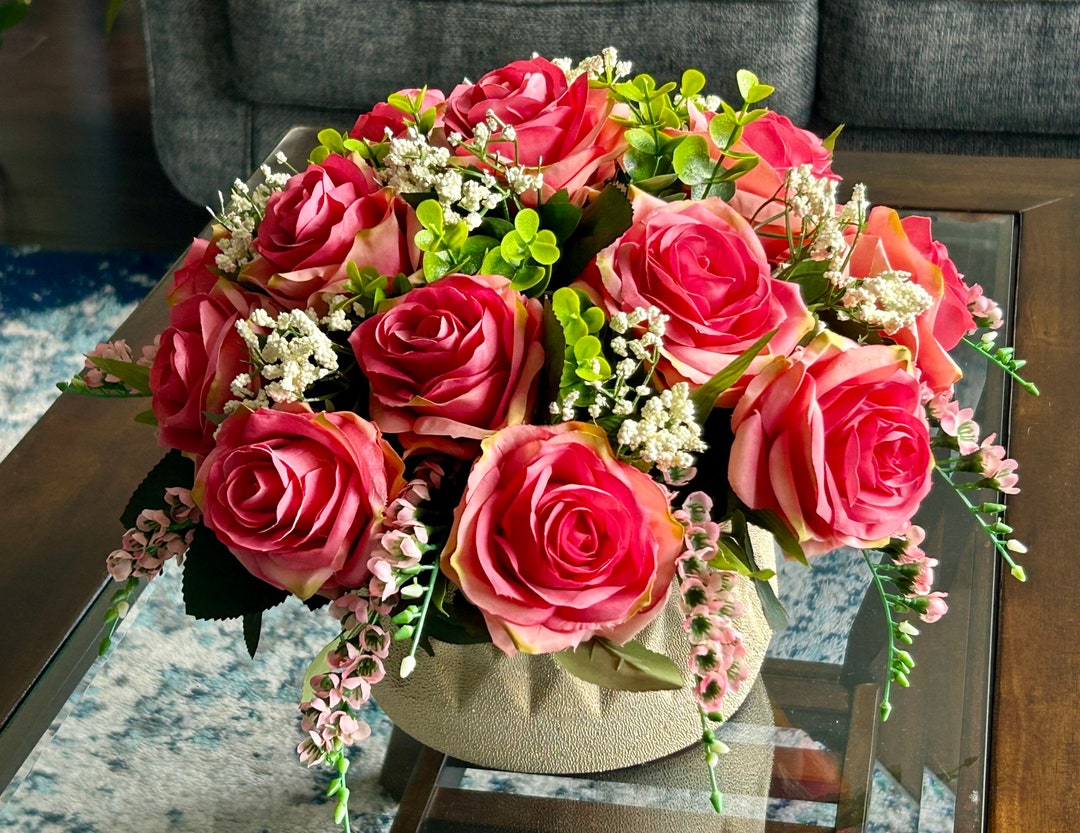 Pink Faux Roses Arrangement, Artificial Roses Centerpiece, Gift for Her ...