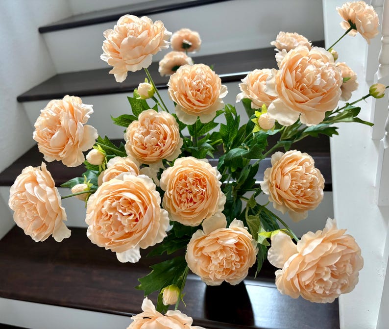 Cream Faux Ranunculus Spray 25” Long Stem, Light Coral Buttercup ...