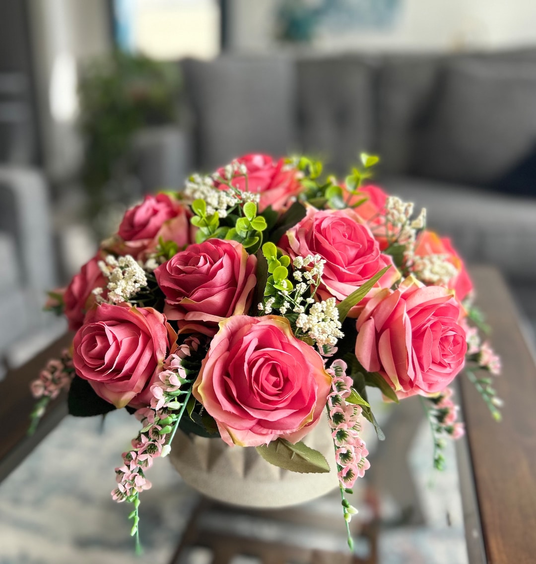Pink Faux Roses Arrangement, Artificial Roses Centerpiece, Realistic ...