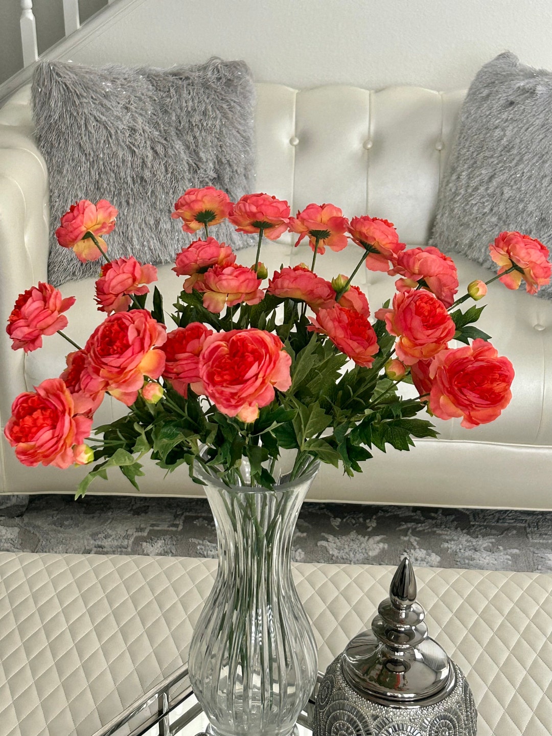 Faux Orange Ranunculus Spray, Artificial Coral Buttercup Flowers ...