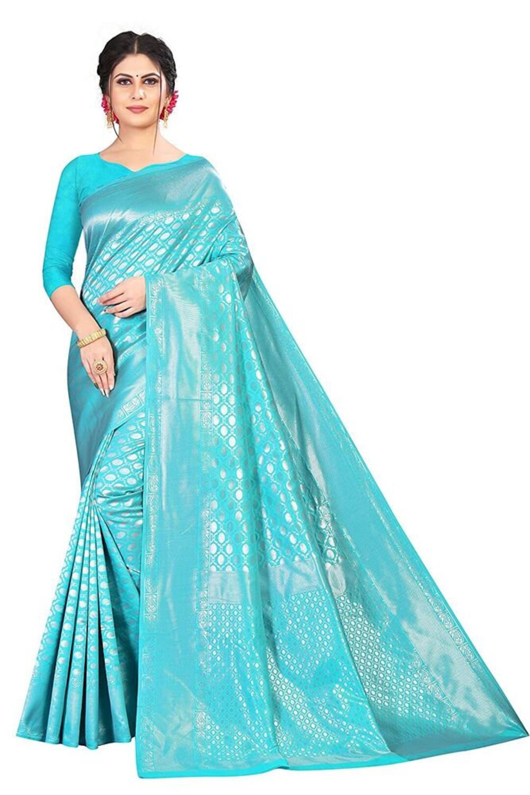 Turquoise Color Saree, Kanjivaram Saree, Woven Design Saree, Saree for ...