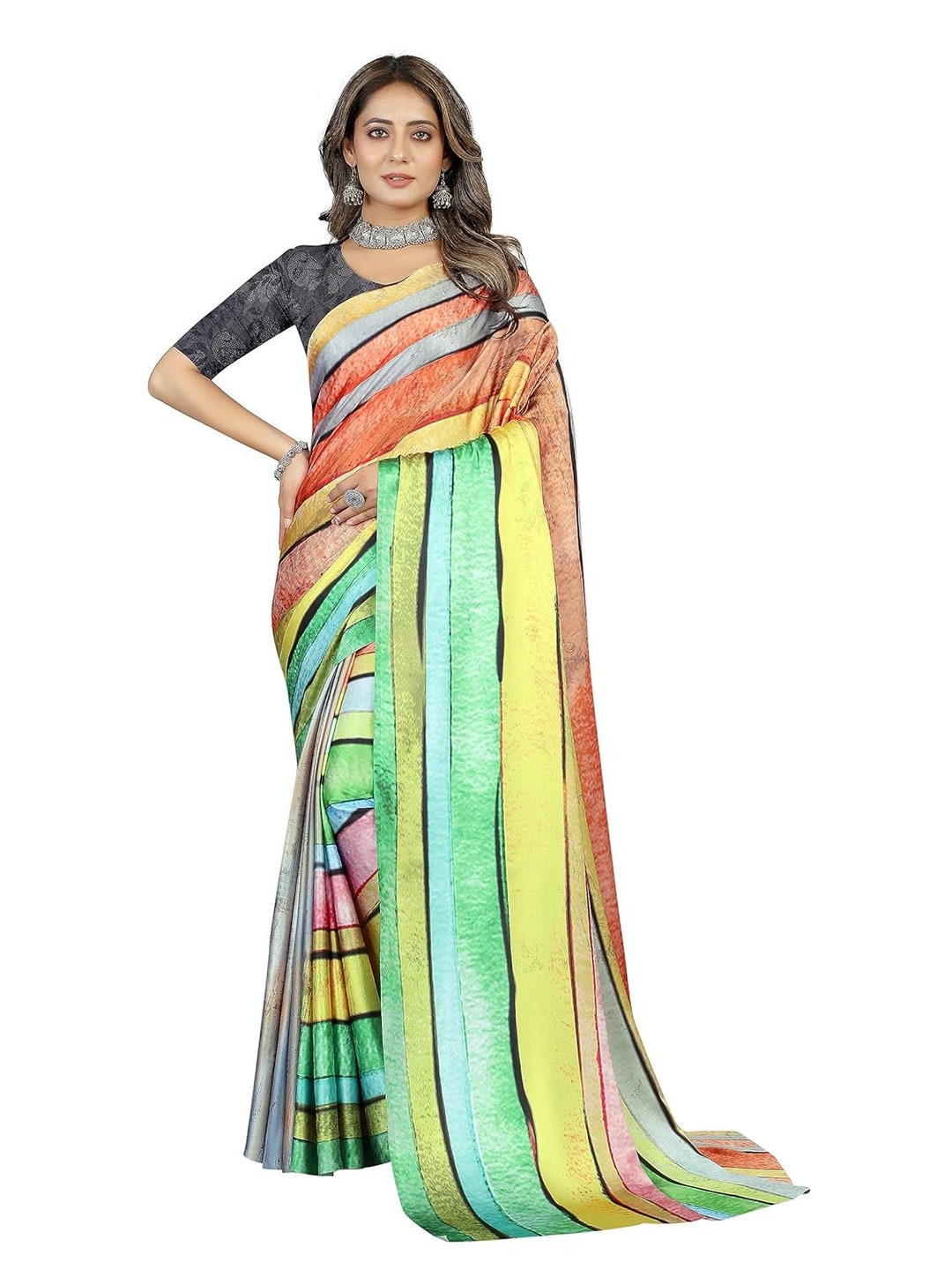 Women's Beautiful Digital Printed Japan Satin Saree With Unstitched ...
