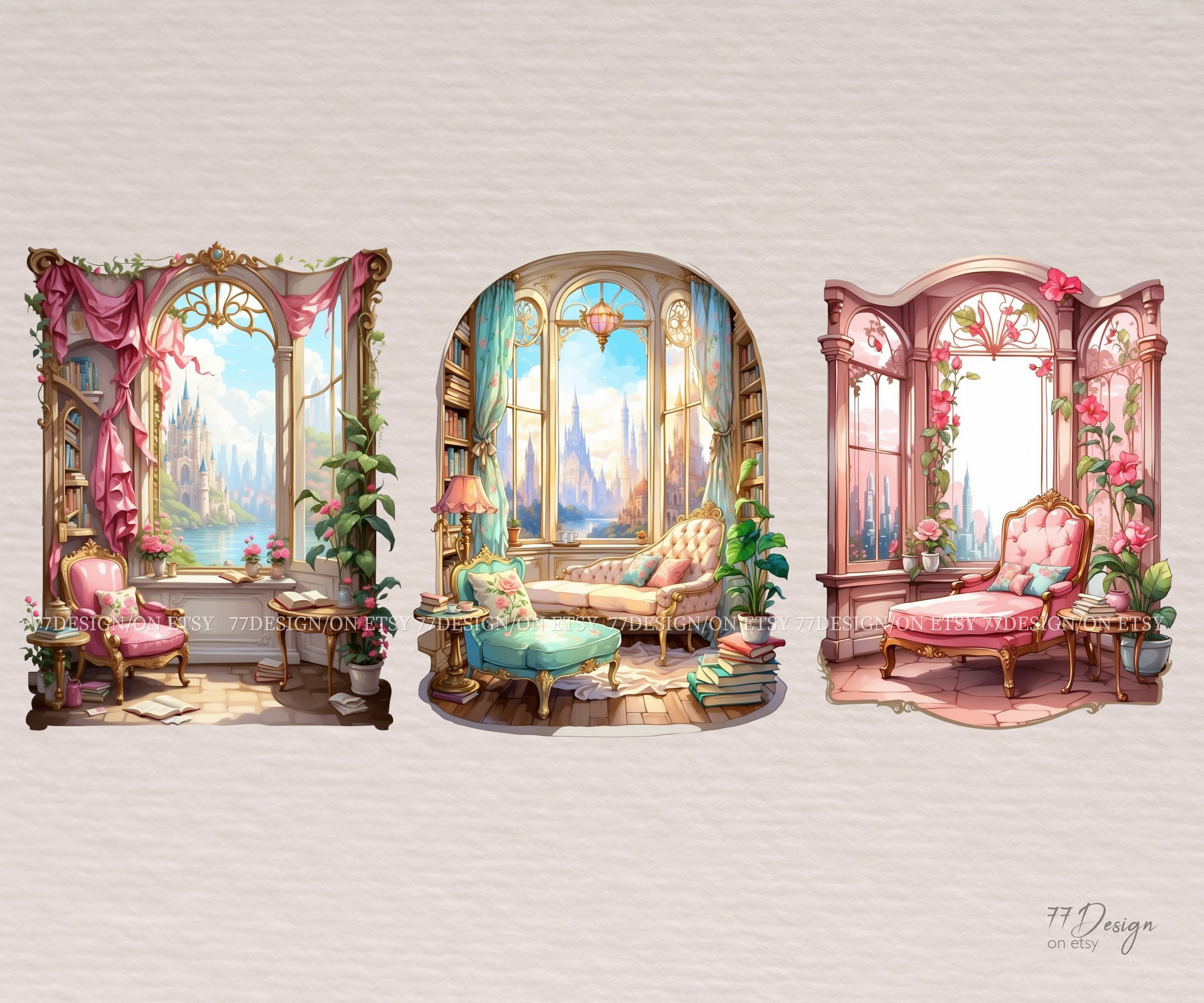 Pink Reading Corner, Art Nouveau, Reading Nook , by the Window PNG ...
