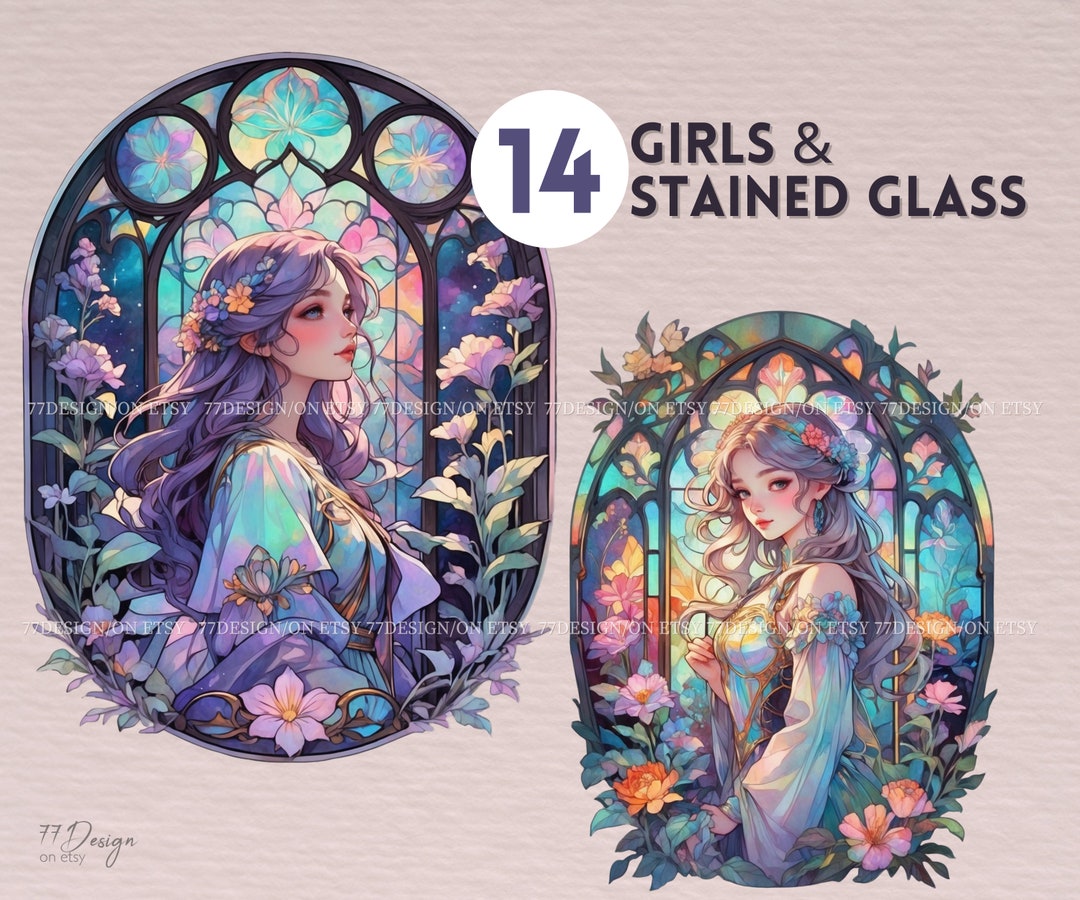 14 Girls Stained Glass Illustrations Clipart, Anime PNG Graphics, Vivid ...