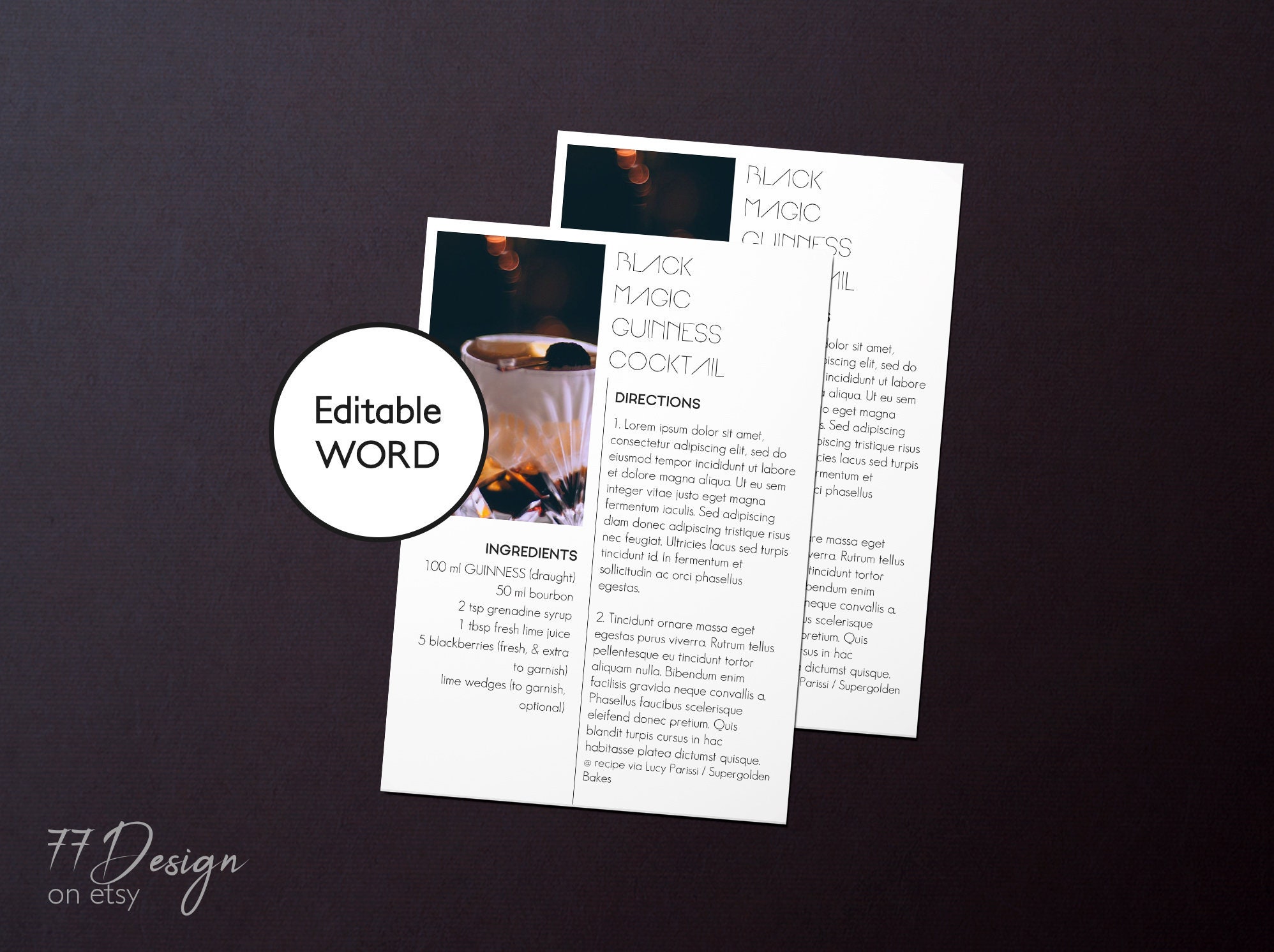 CT-01 5X7 Editable Cocktails Template 1 Page Recipe Drinks Recipe Book ...