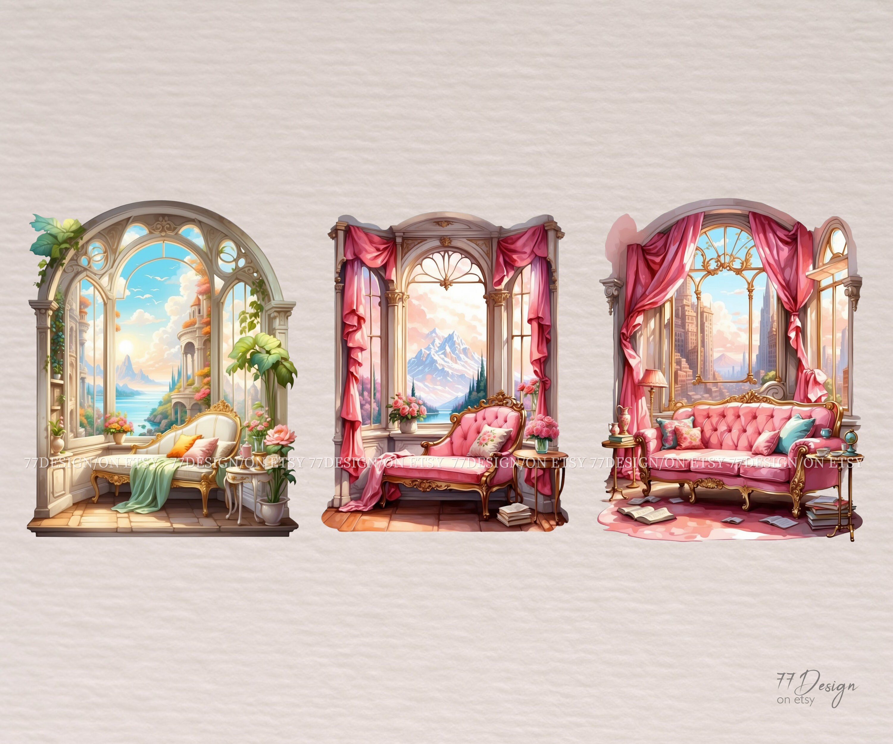 Pink Reading Corner, Art Nouveau, Reading Nook , by the Window PNG ...