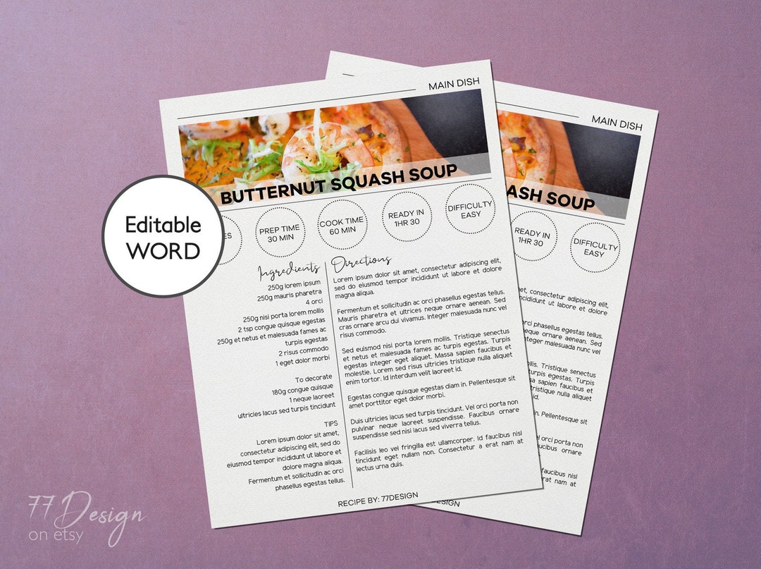 RT-03 8.5x11 Editable Recipe Template 1 Page Recipe Recipe Page ...