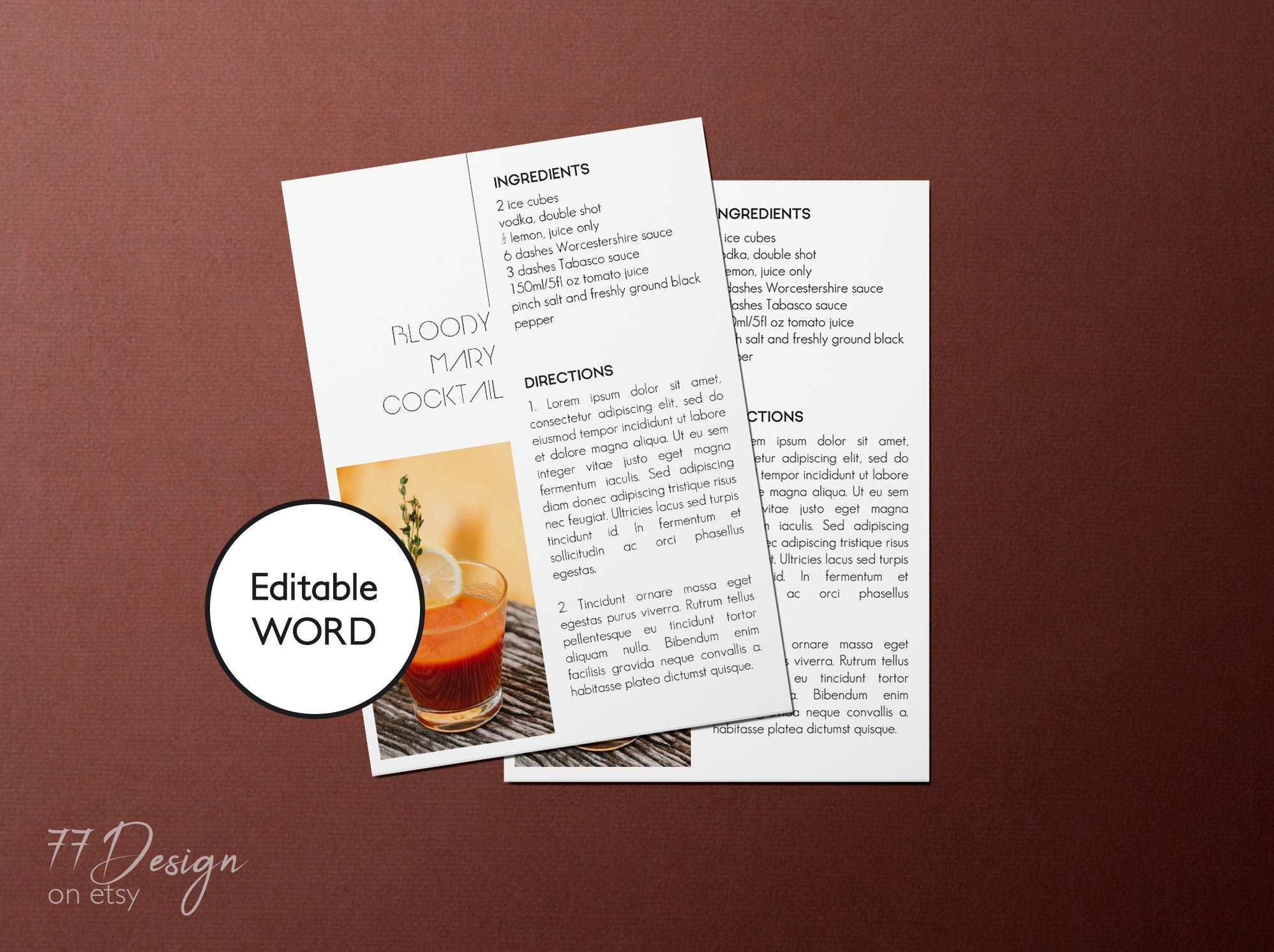 CT-02 5X7 Editable Cocktails Template 1 Page Recipe Drinks Recipe Book ...