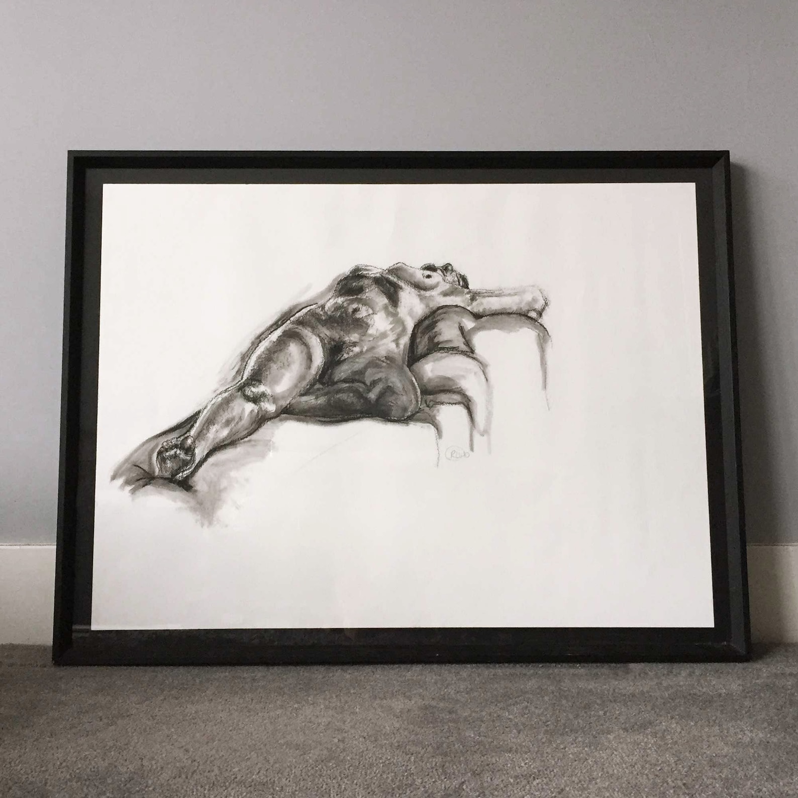 002F Original weiblicher Akt, gerahmte figurative Kunst, große Kohle ...