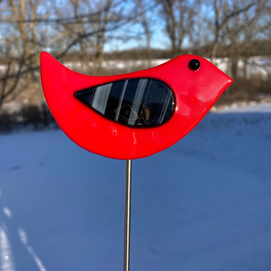 Bird Flowerpot Pick-red-fused Glass - Etsy