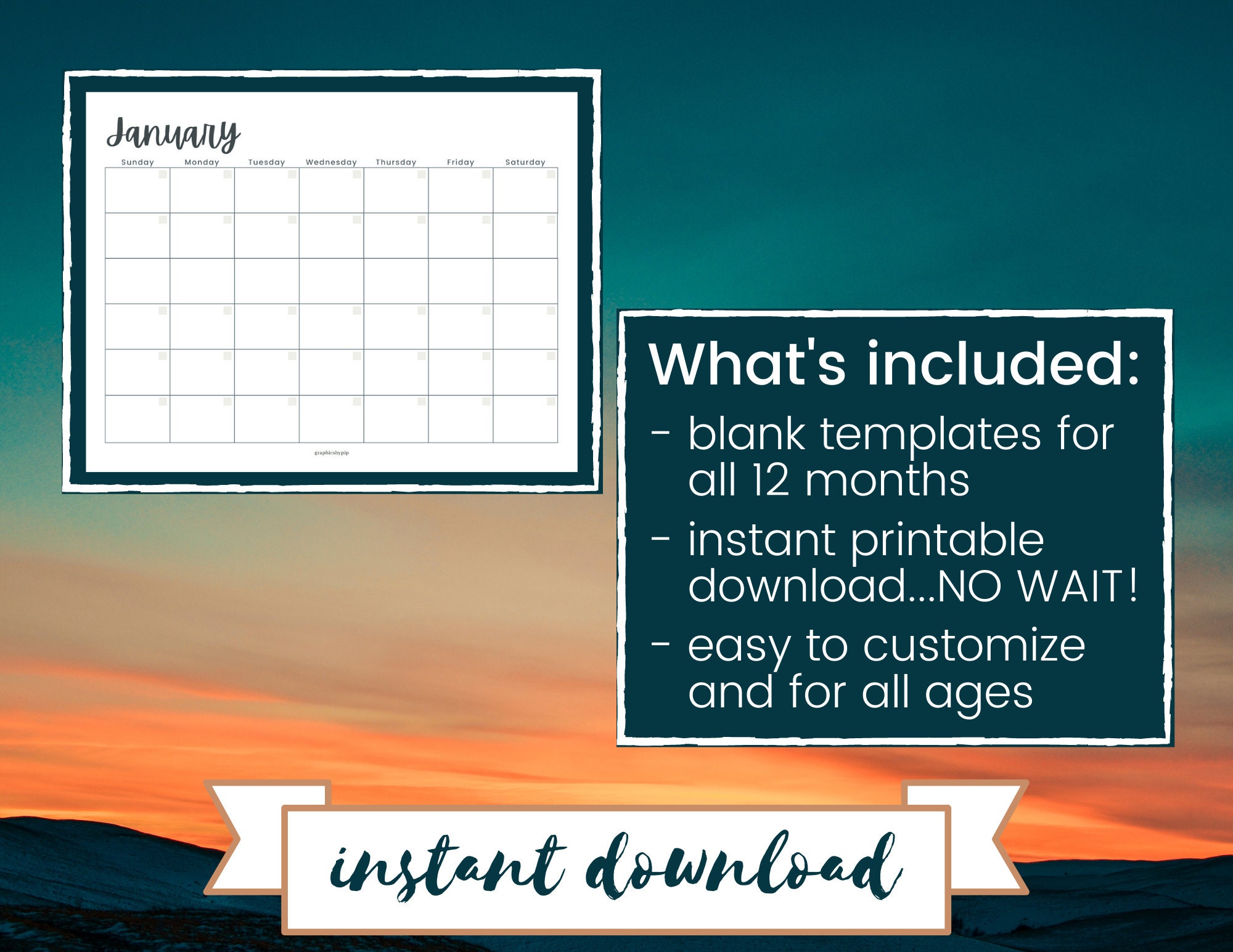 Monthly Calendar | 8.5x11 | LANDSCAPE | January - December | INSTANT ...
