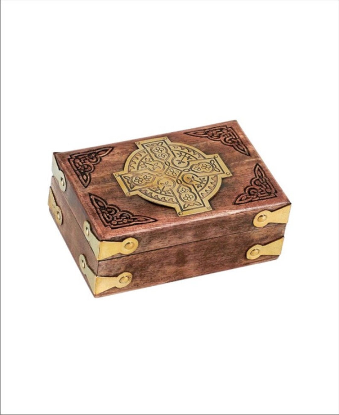 Wooden Carved Celtic Box Metal Cross Wooden Keepsake Box Storage Box ...
