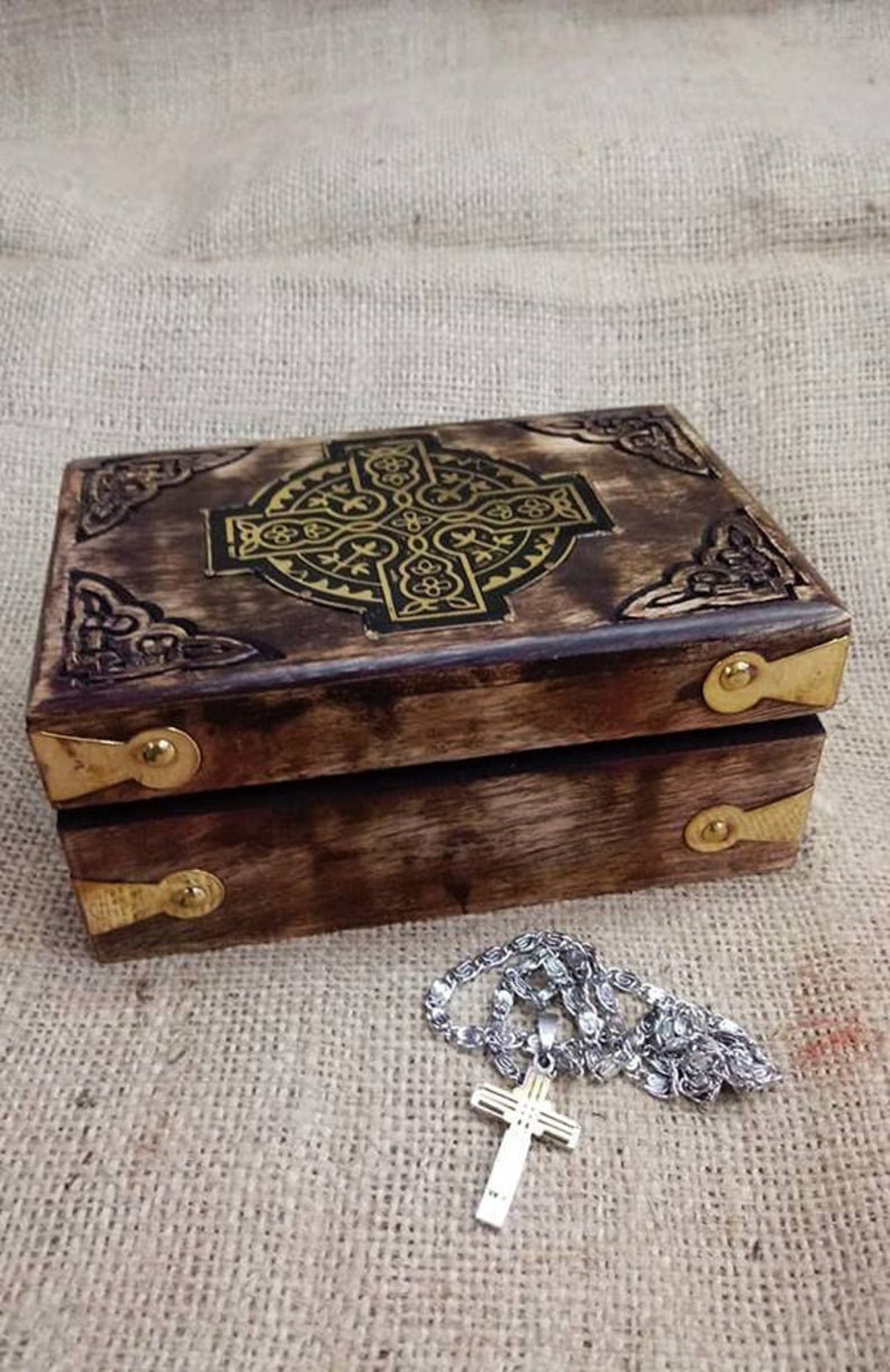 Wooden Carved Celtic Box Metal Cross Wooden Keepsake Box - Etsy
