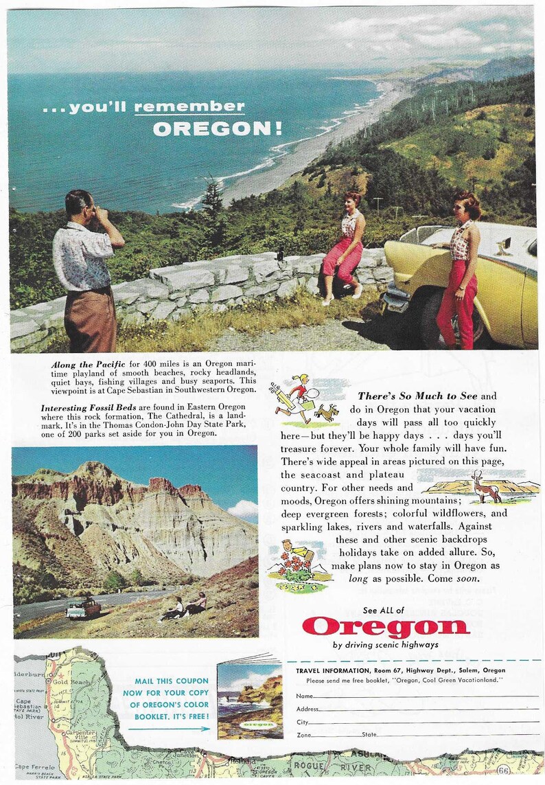 Original 1957 Full Page Magazine Ad for Oregon Tourism and Travel 7 X ...