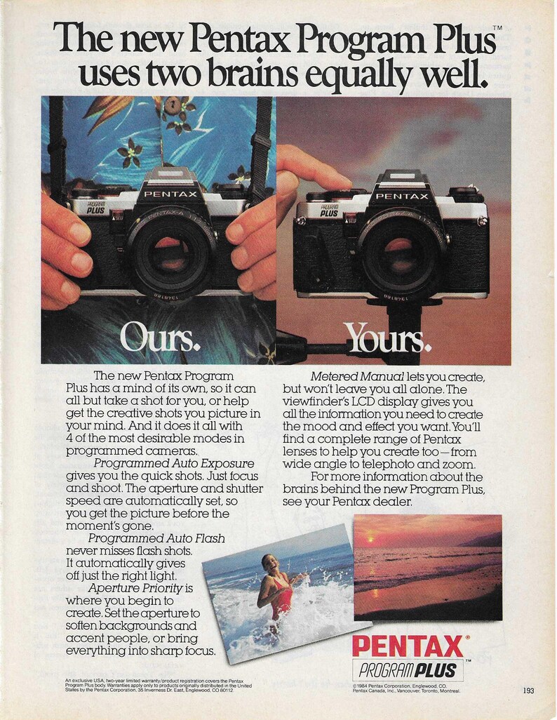 Original 1984 Full Page Magazine Advertisement for PENTAX Program Plus Cameras 8 X 11 Inches ...