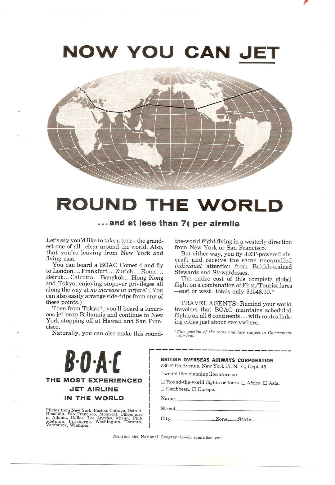 Original 1959 Full Page Magazine Advertisement for BOAC Airlines Round ...