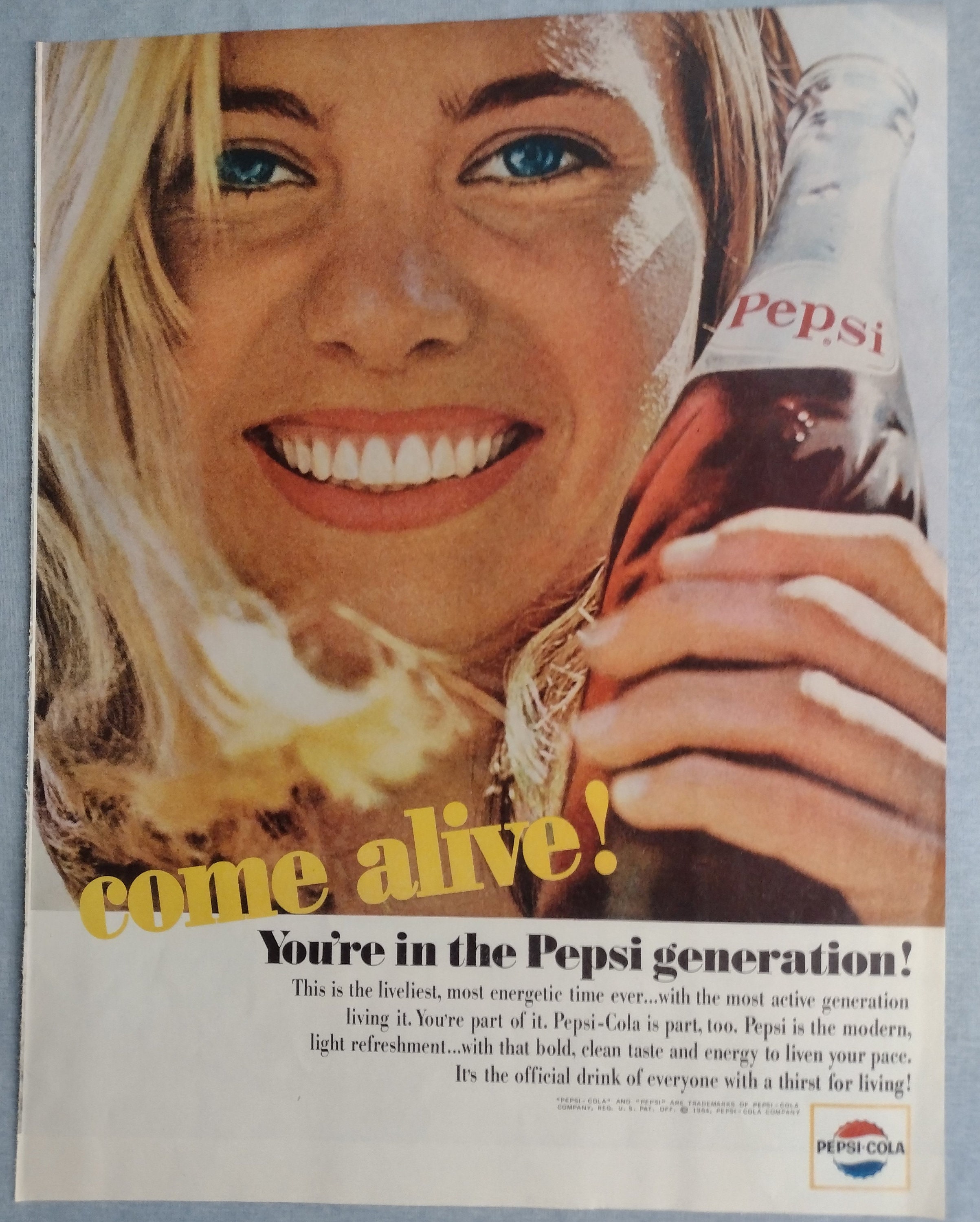 Original 1964 Full Page Magazine Advertisement for PEPSI-COLA Approx ...
