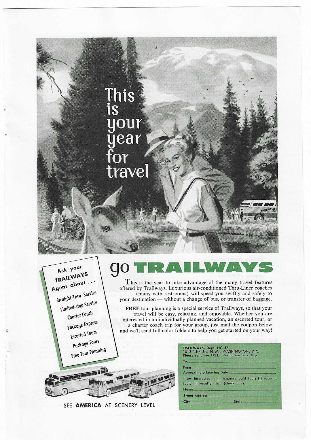 Original 1957 Full Page Magazine Advertisement for TRAILWAYS BUS ...