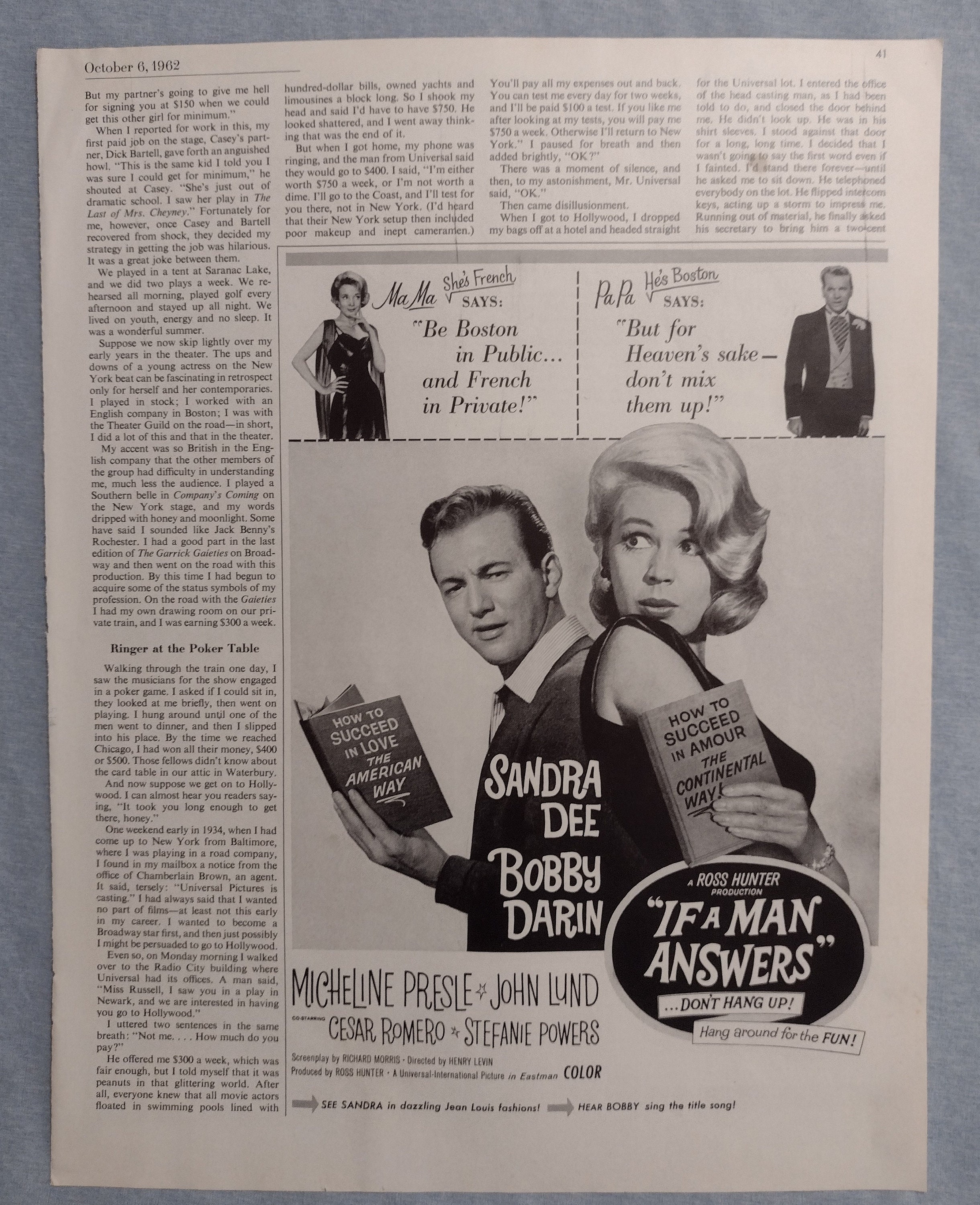 Original 1962 Magazine Advertisement for If A Man Answers Movie With ...