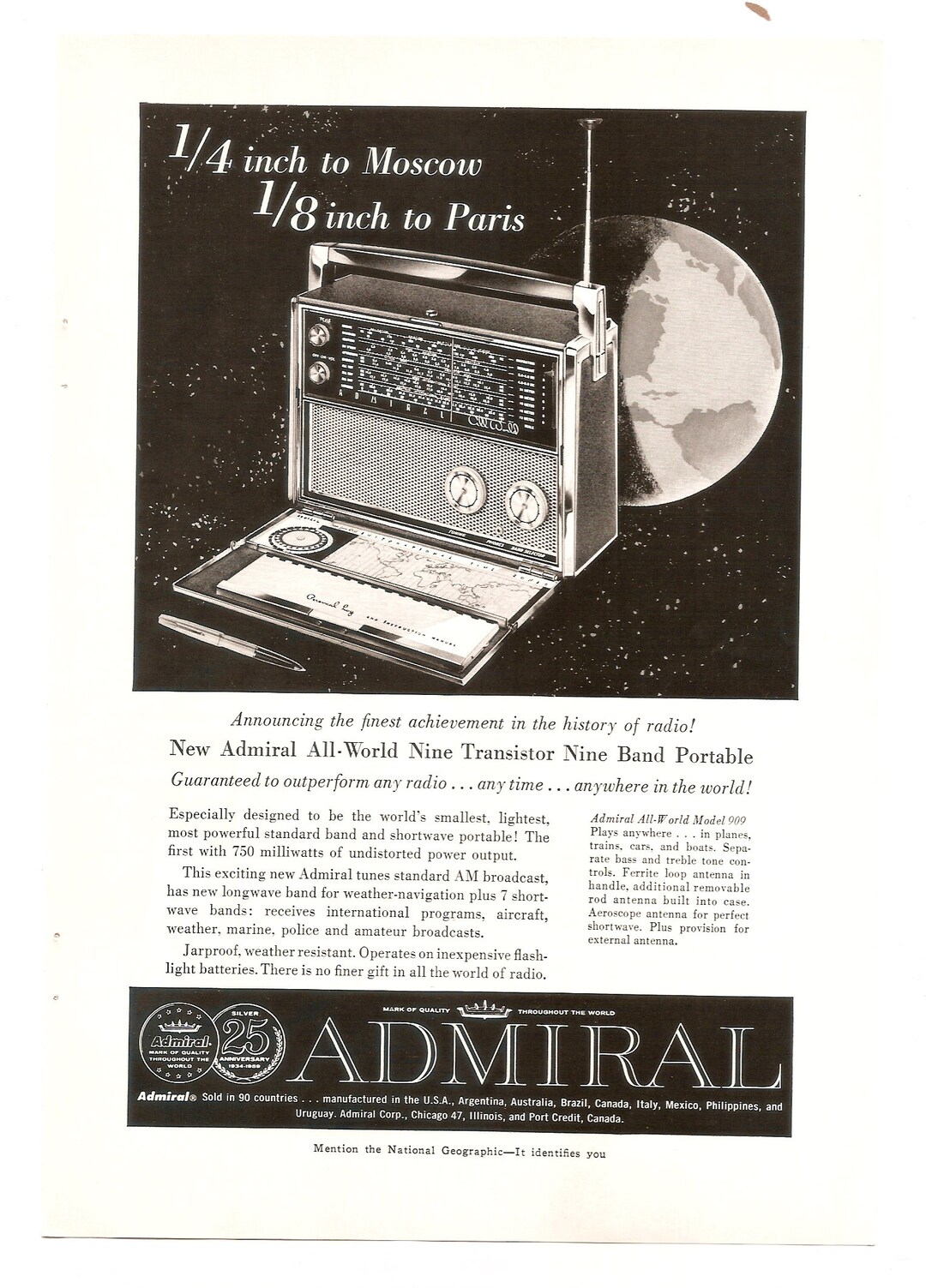 Original 1959 Full Page Magazine Advertisement for ADMIRAL Shortwave ...