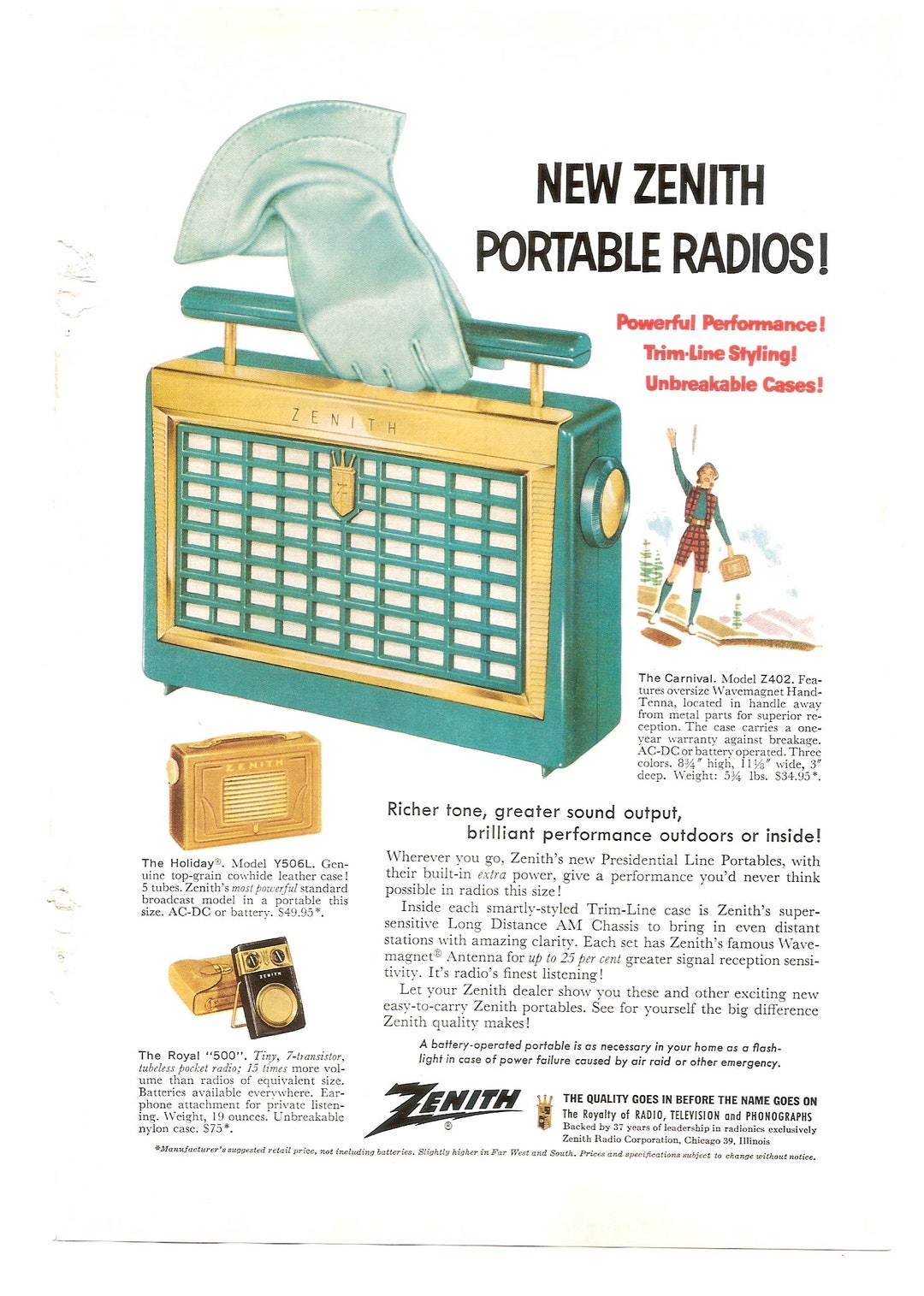 Original 1956 Full Page Magazine Advertisement for ZENITH PORTABLE ...