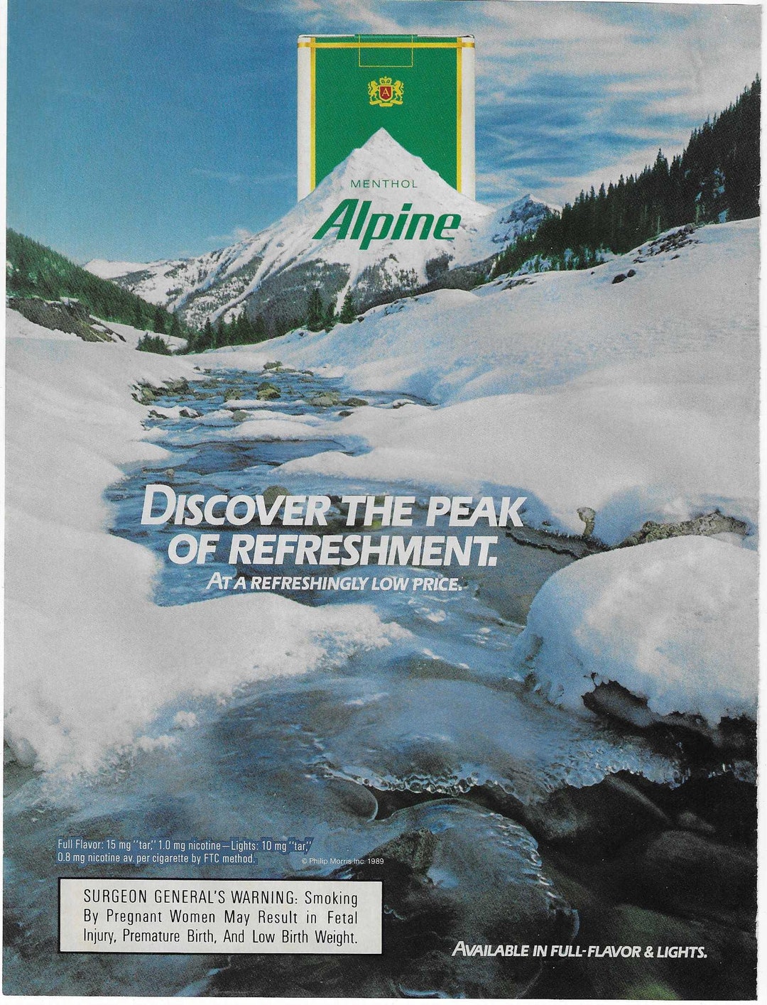 Original 1989 Full Page Magazine Advertisement for ALPINE Menthol ...