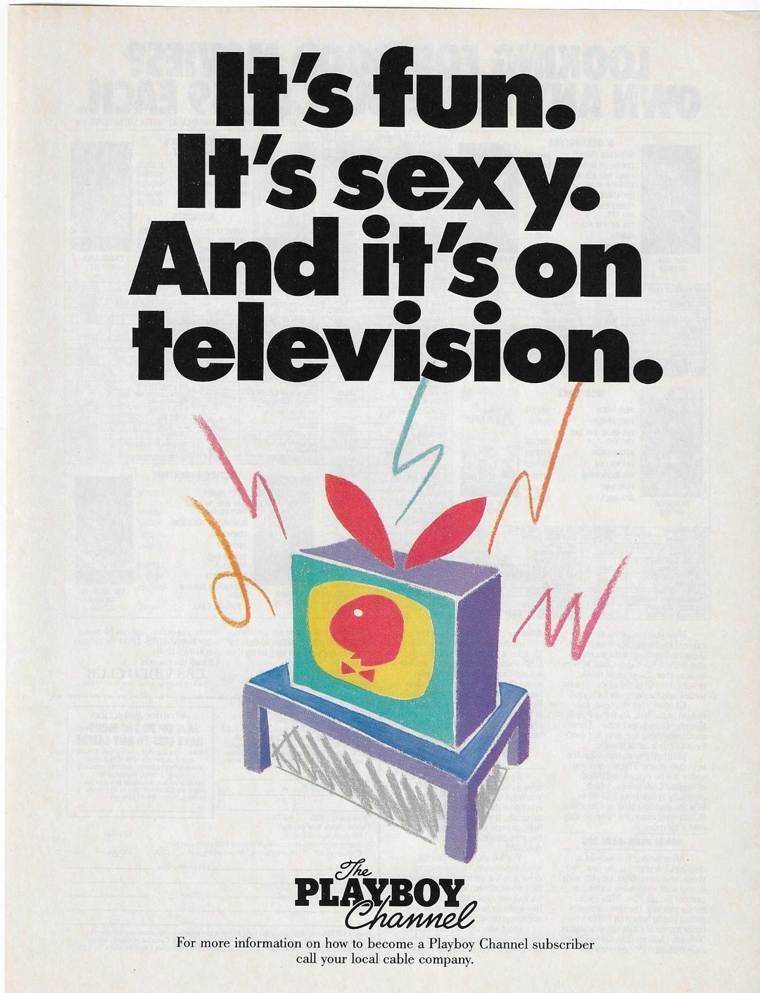 Original 1987 Full Page Magazine Advertisement for the PLAYBOY CHANNEL ...
