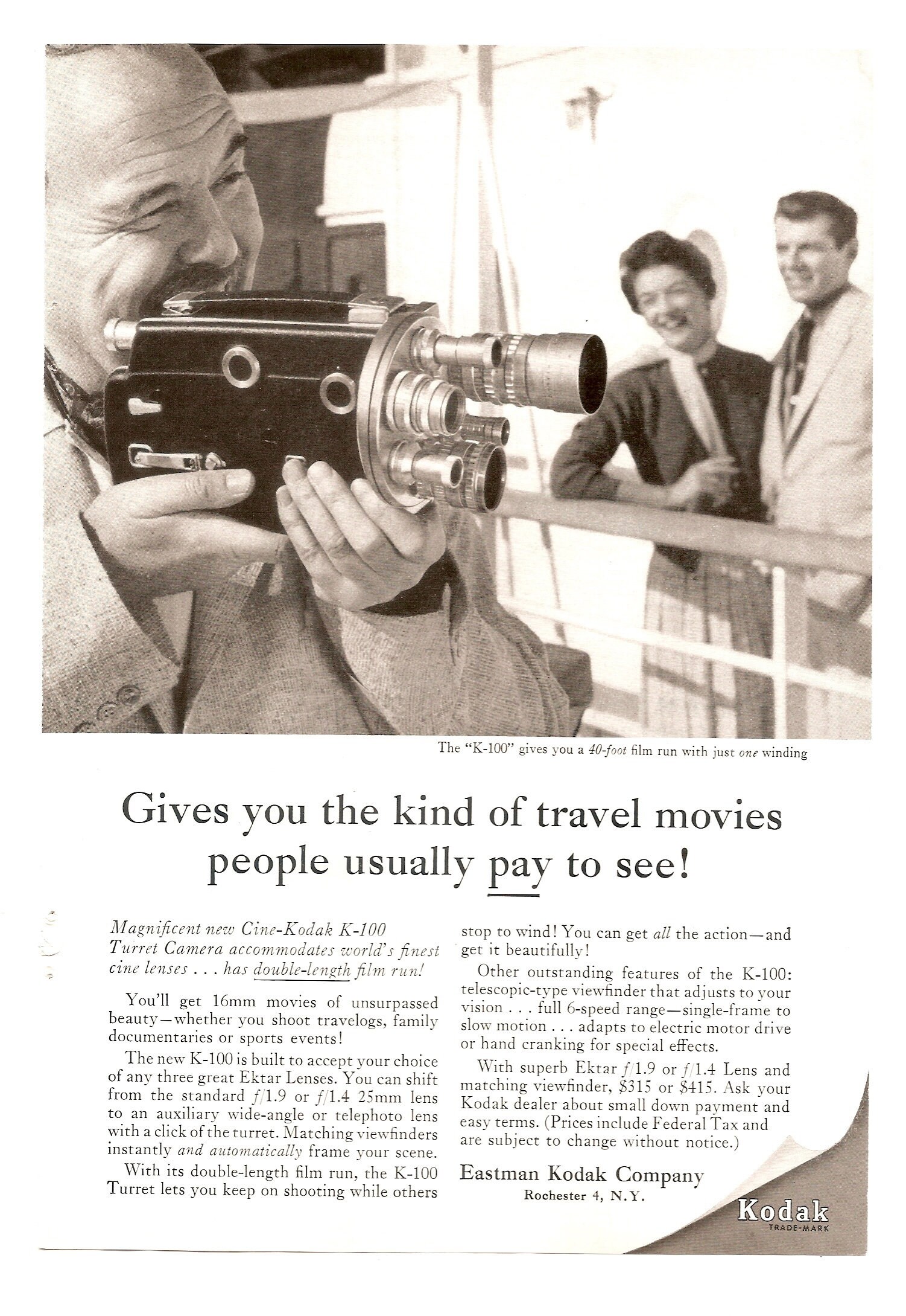 Original 1956 Full Page Magazine Advertisement for KODAK K-100 CAMERA 7 ...