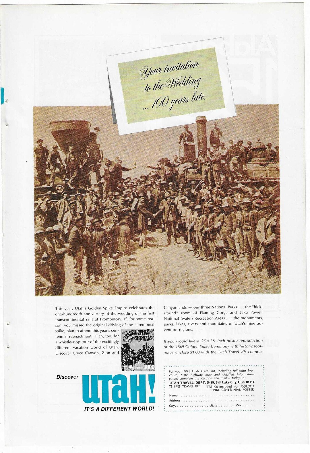 Original 1969 Full Page Magazine Ad for Utah Travel 7 X 10 Inches Ships ...