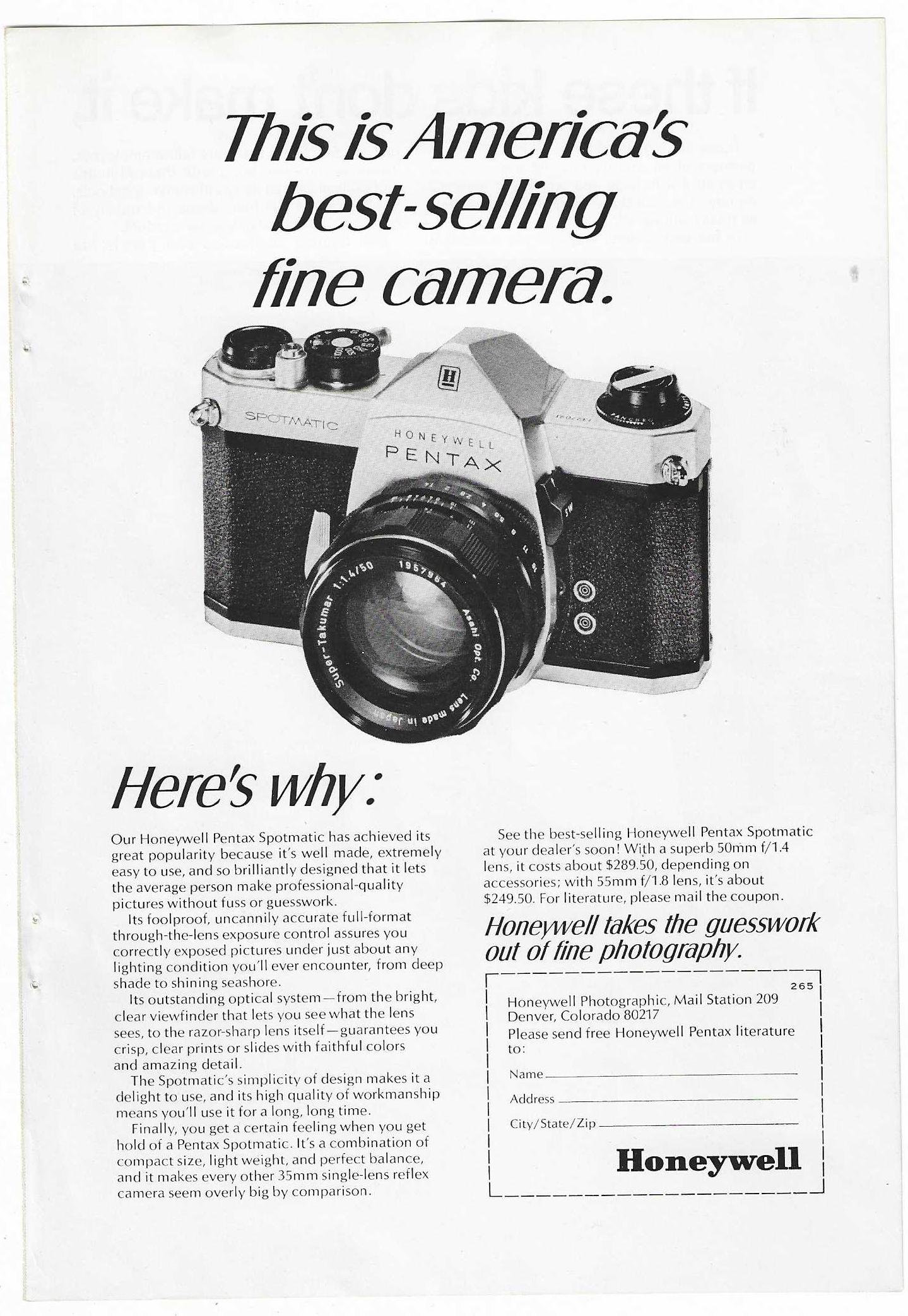 Original 1968 Full Page Magazine Advertisement for HONEYWELL PENTAX ...