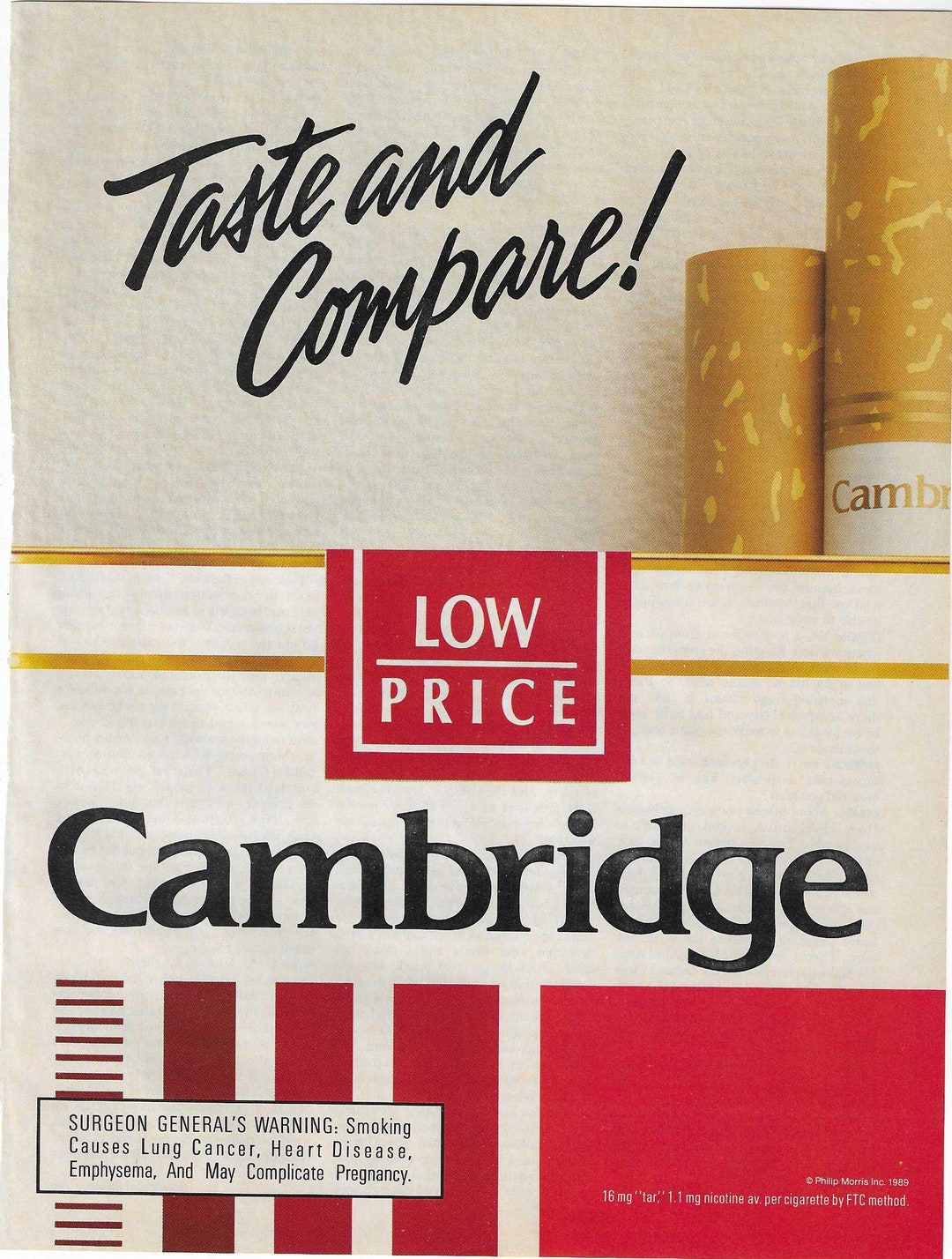 Original 1989 Full Page Magazine Advertisement for CAMBRIDGE Cigarettes ...