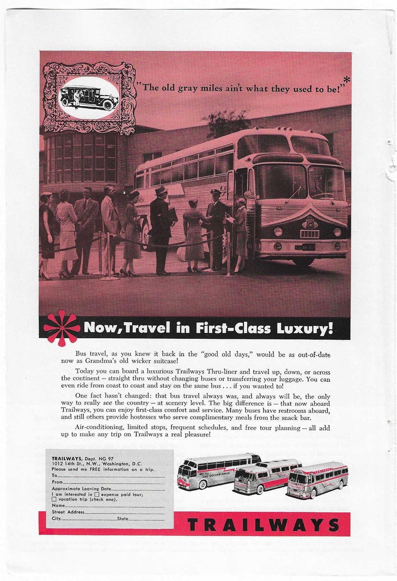 Original 1957 Full Page Magazine Advertisement for TRAILWAYS BUS ...