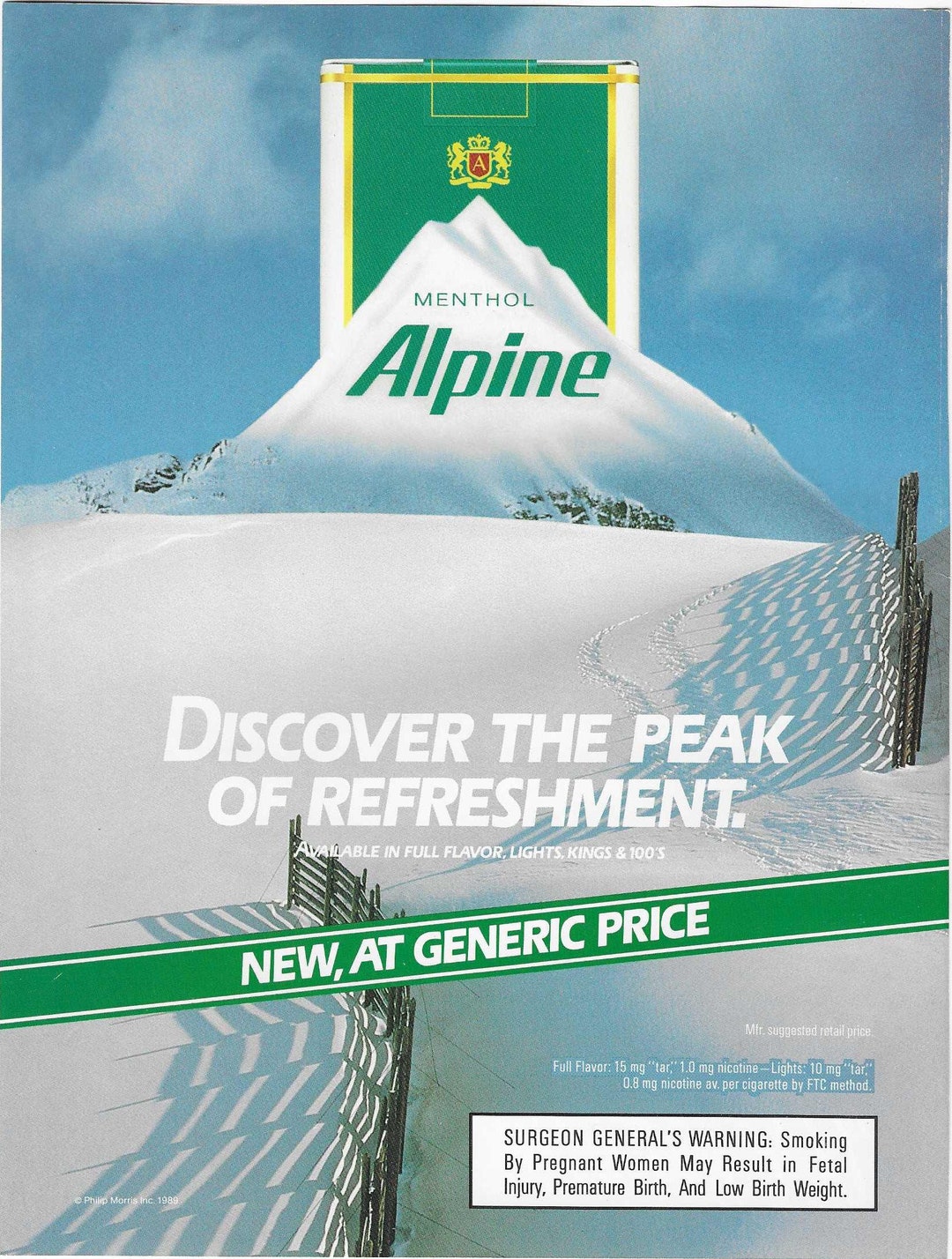 Original 1989 Full Page Magazine Advertisement for ALPINE Menthol ...