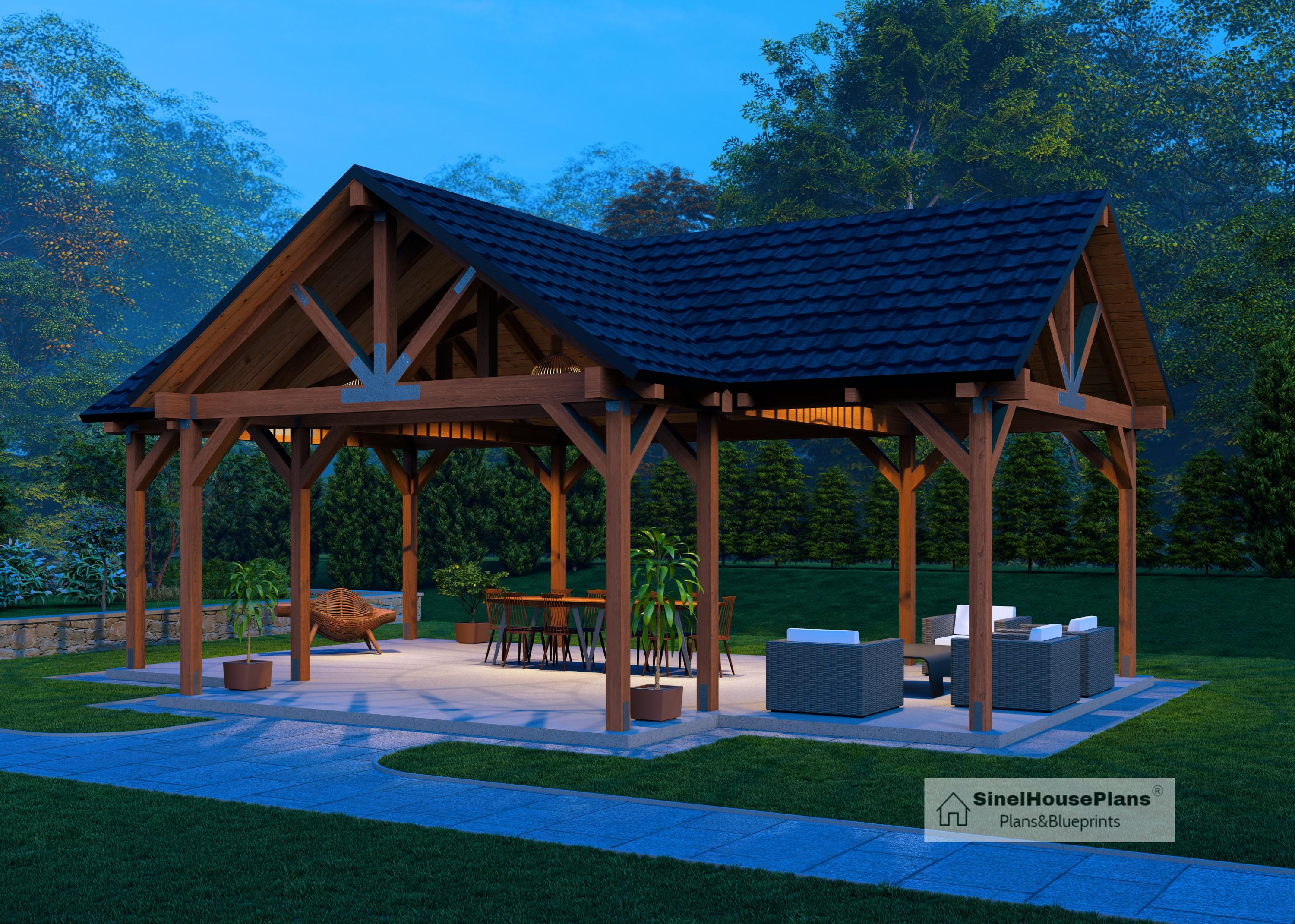 Gable Pavilion Plan, 643 SF Gazebo Construction Blueprint,timber Frame ...