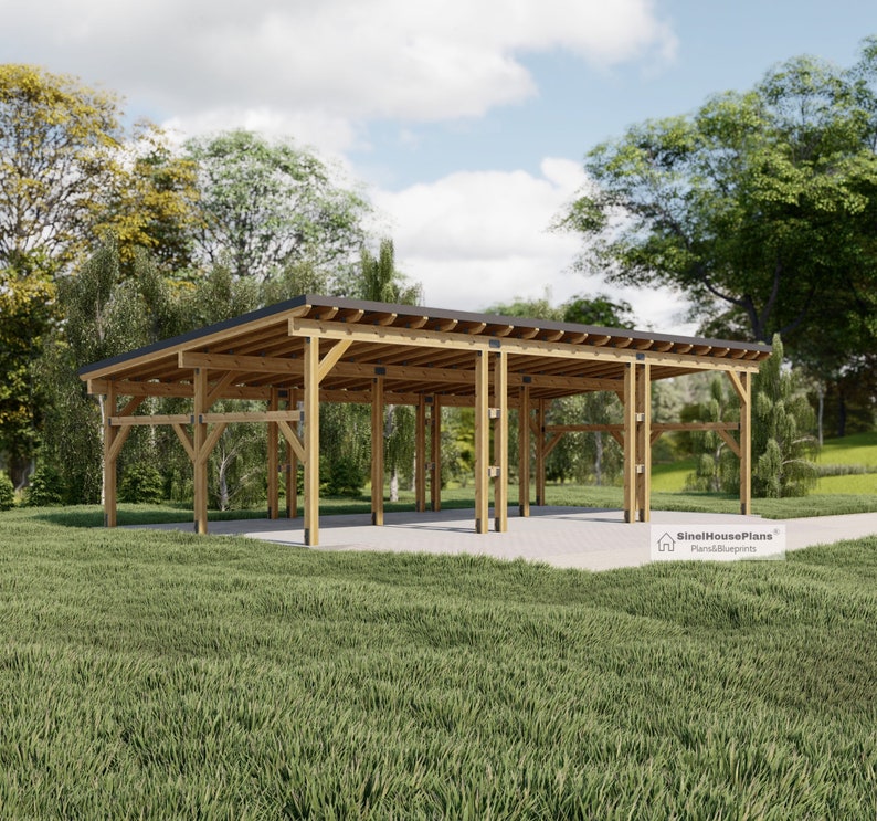 3 Car Carport Plans, Modern 36'-3''x18' Lean to Pavilion Blueprints - Etsy