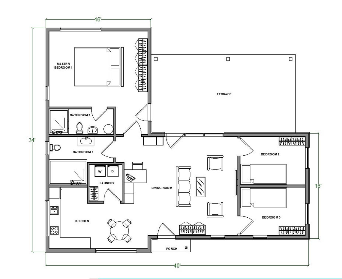 Ranch Style Cottage Plan 3 Beds 2 Baths , 1204 Sq Ft, L-shaped Small ...
