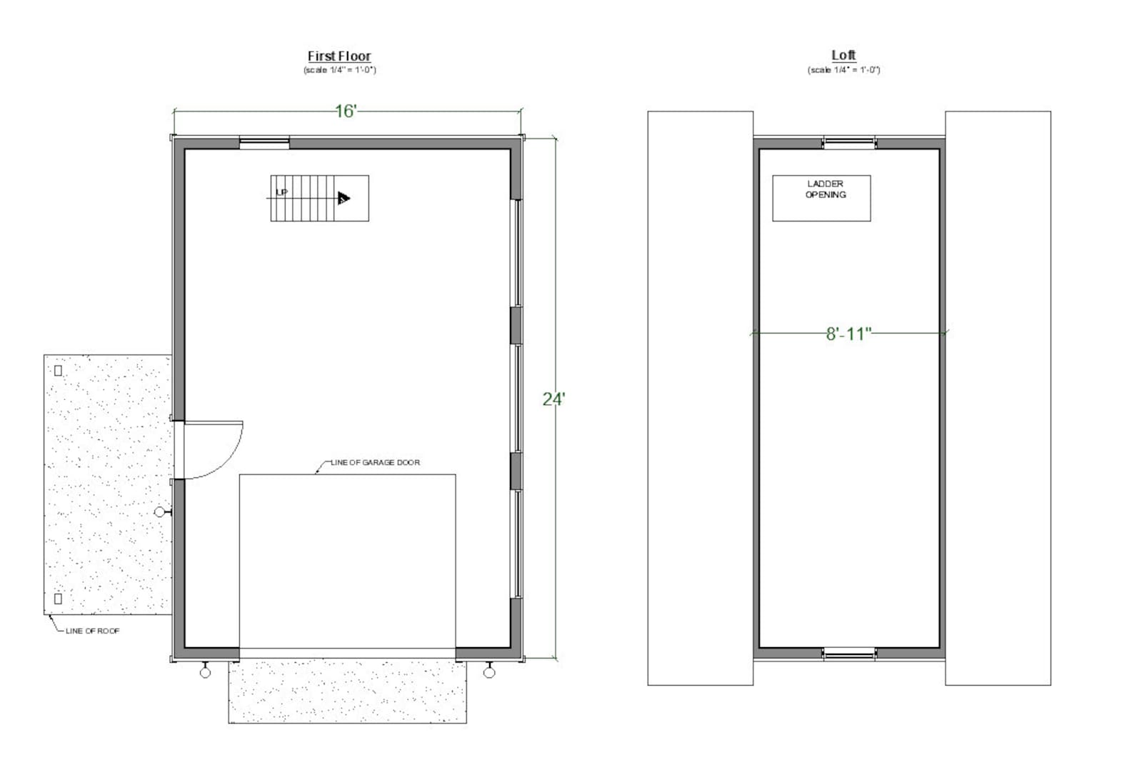 Single Garage Architectural Plan With Loft, 16'x24' Traditional One Car ...