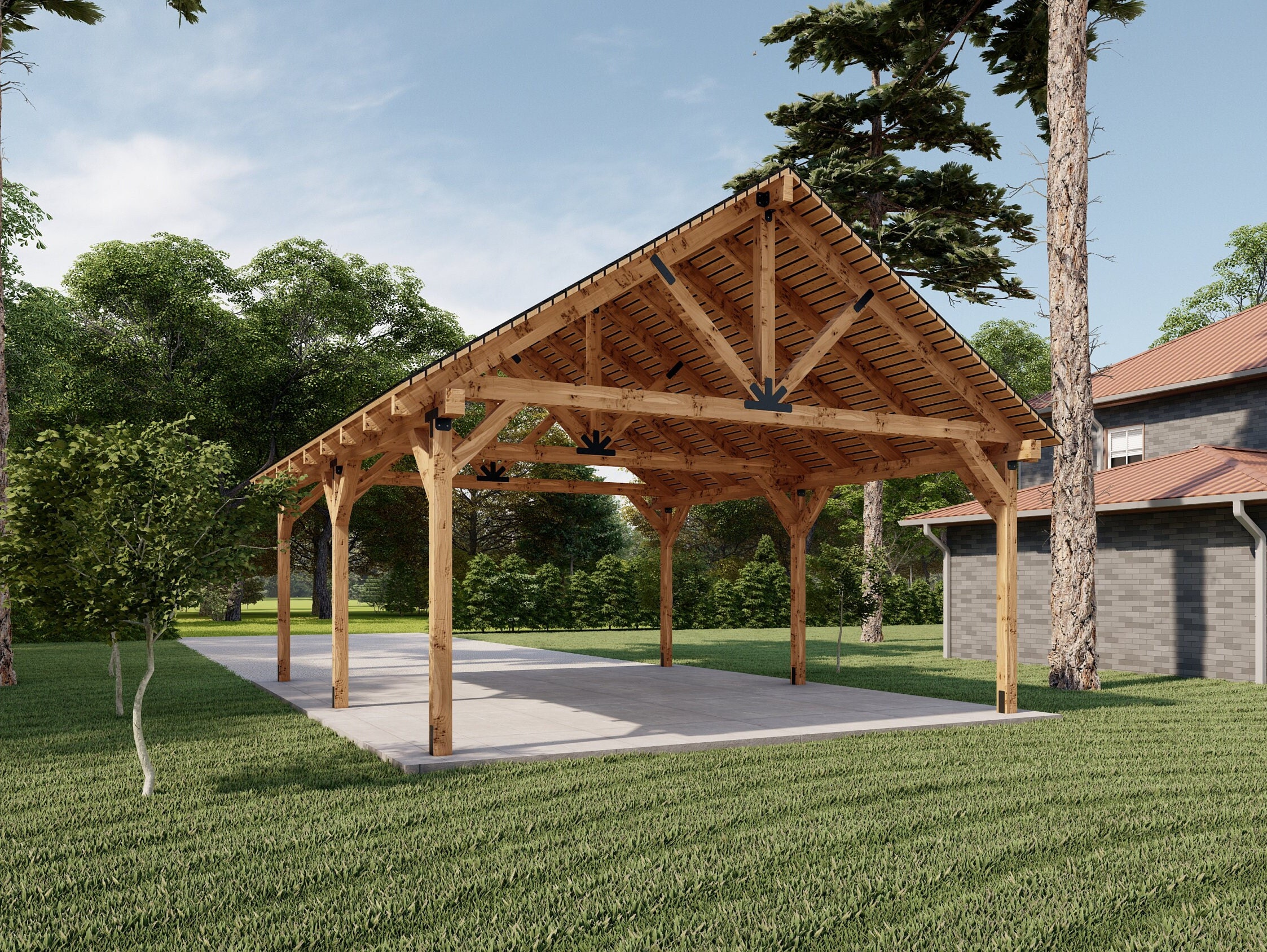 20'x24' Wooden Carport Plans, Gable Roof Pavilion Blueprints With ...
