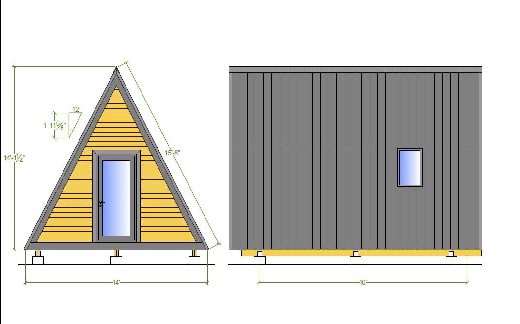 14'x16' A Frame Cabin Plan, Two Story Triangular Tiny House Building ...